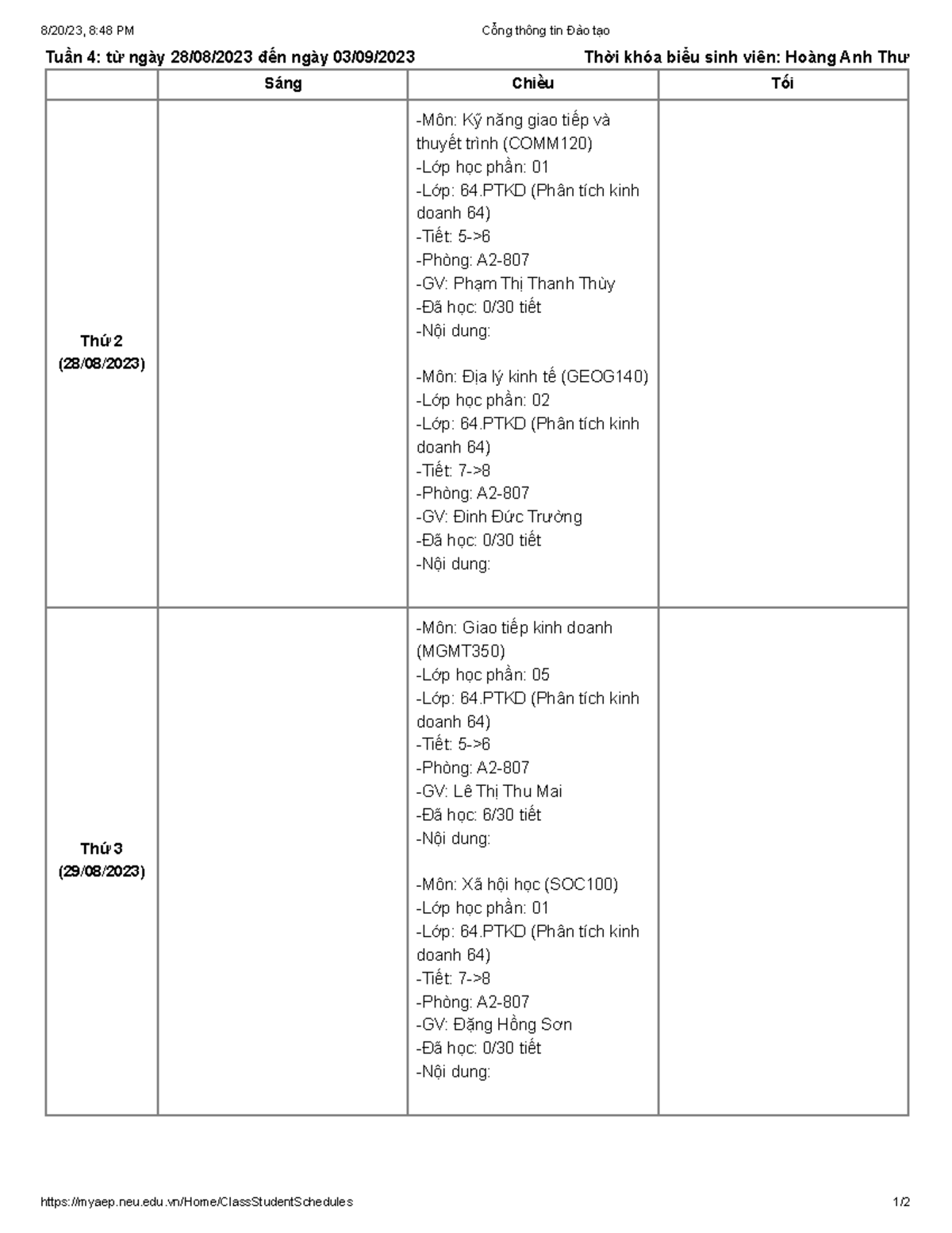 Lịch tuần 1 - 8/20/23, 8:48 PM Cổng thông tin Đào tạo myaep.neu.edu ...