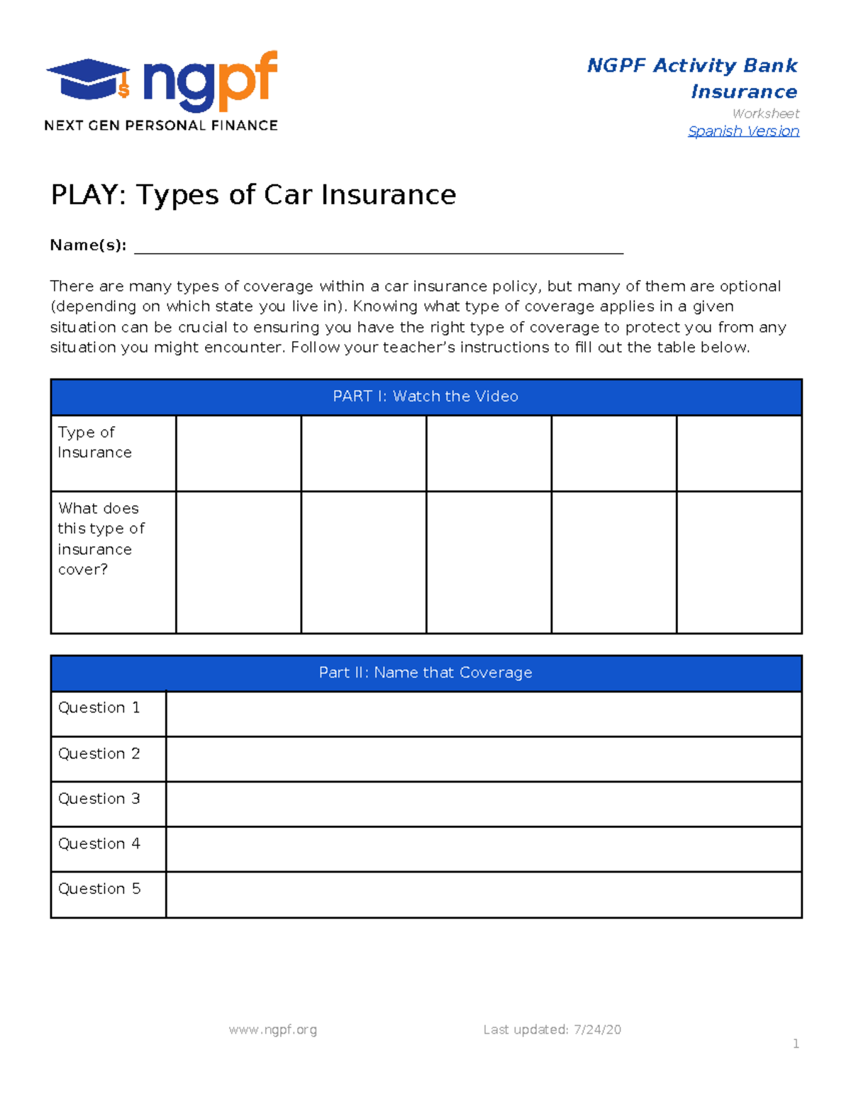 PLAY Types of Car Insurance - Student Worksheet - NGPF Activity Bank ...