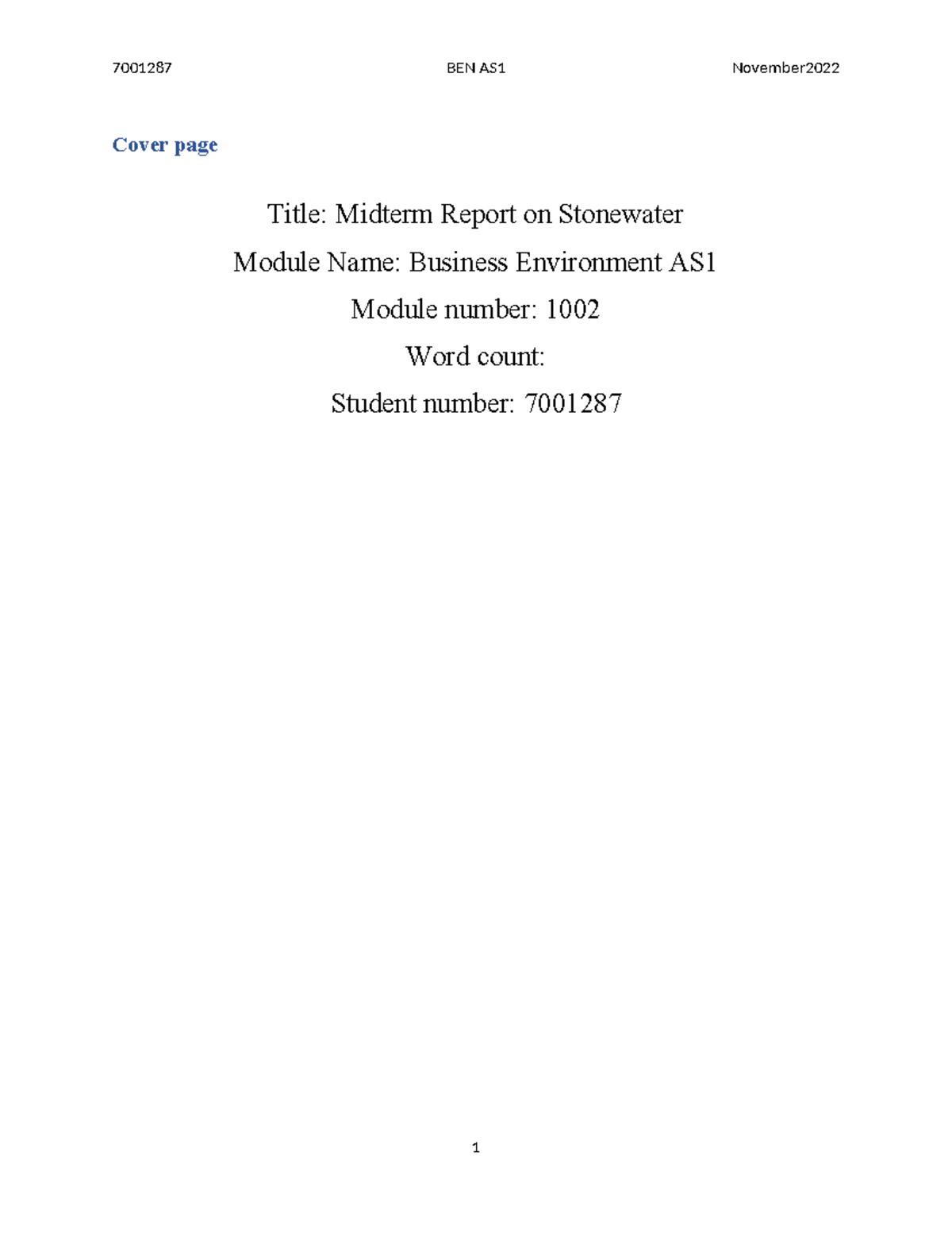 BEN AS1-7001287 - Bussiness enviroment - Cover page Title: Midterm ...