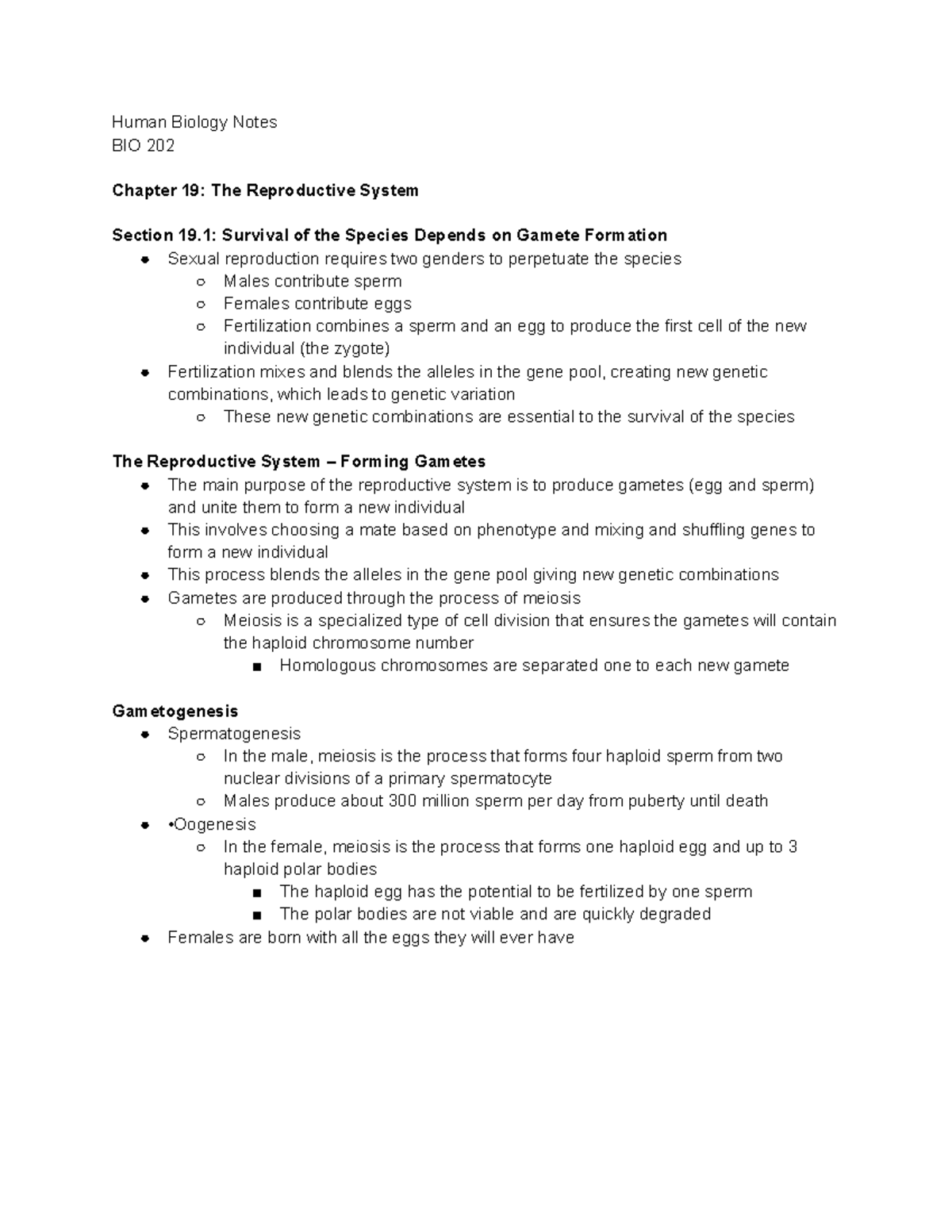 Bio Notes 12 - Human Biology Notes BIO 202 Chapter 19: The Reproductive ...