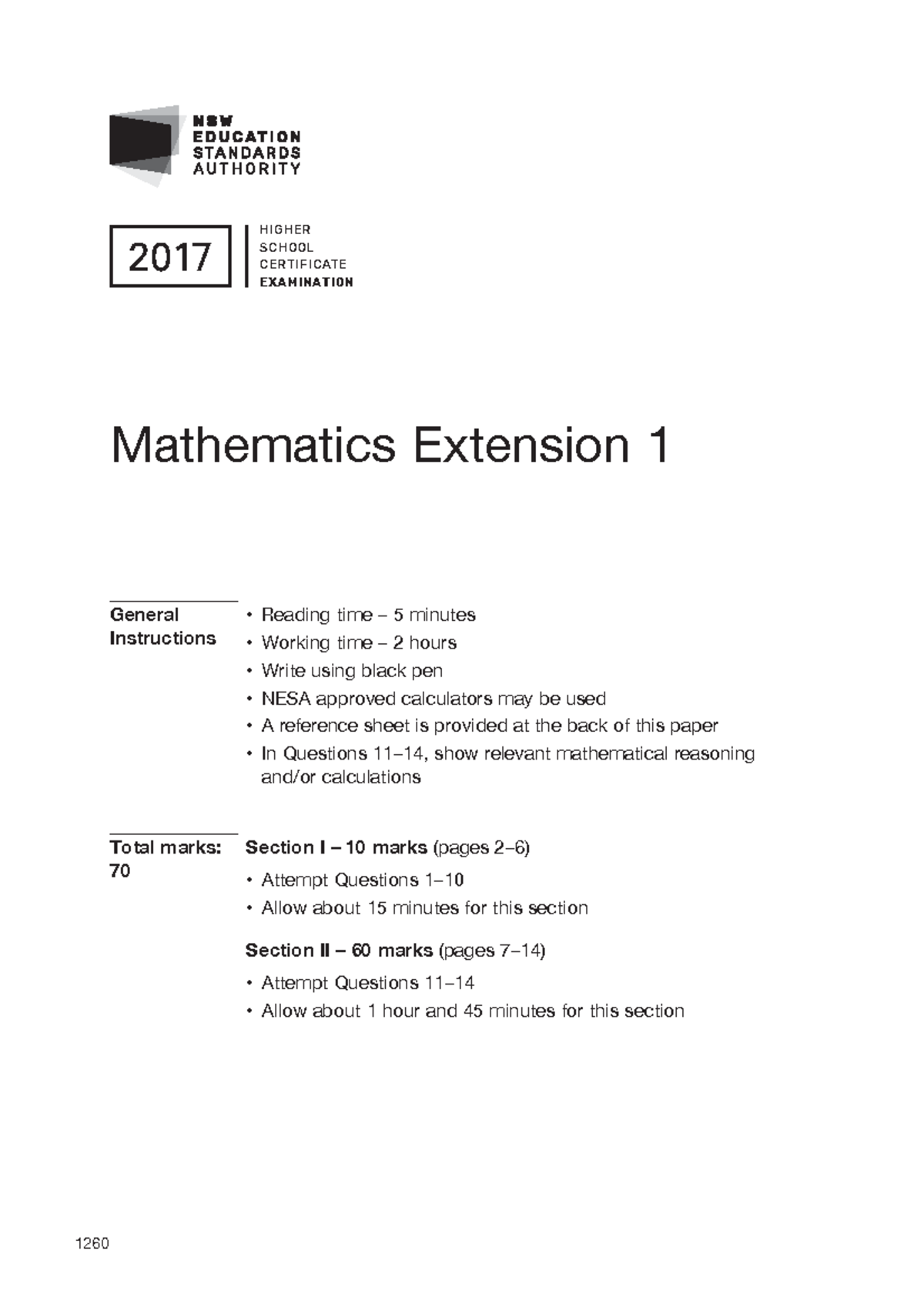 2017 Hsc Maths Ext 1 1260 2017 Higher S Cho Ol Cer T Ificat E Examination Mathematics 