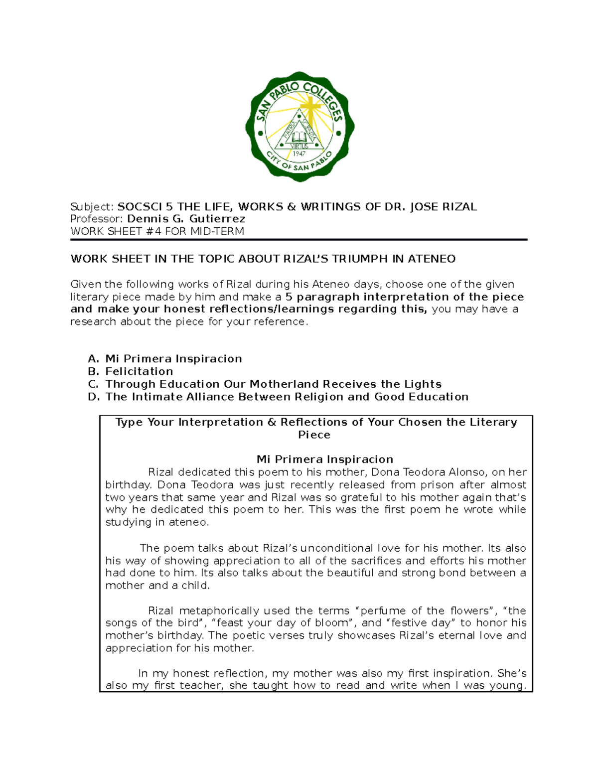 Padua, Emilio Joshua R. - BSA 3rd Year (WORK Sheet ON Rizal'S Literary ...