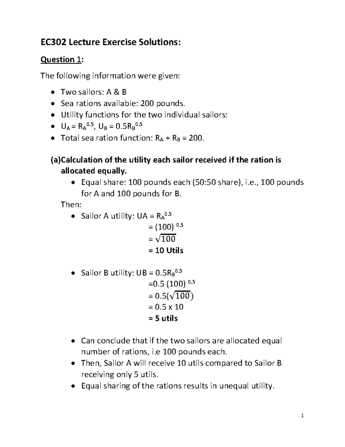 Lecture Exercise Solutions - EC302 Lecture Exercise Solutions: Question 1: The following ...
