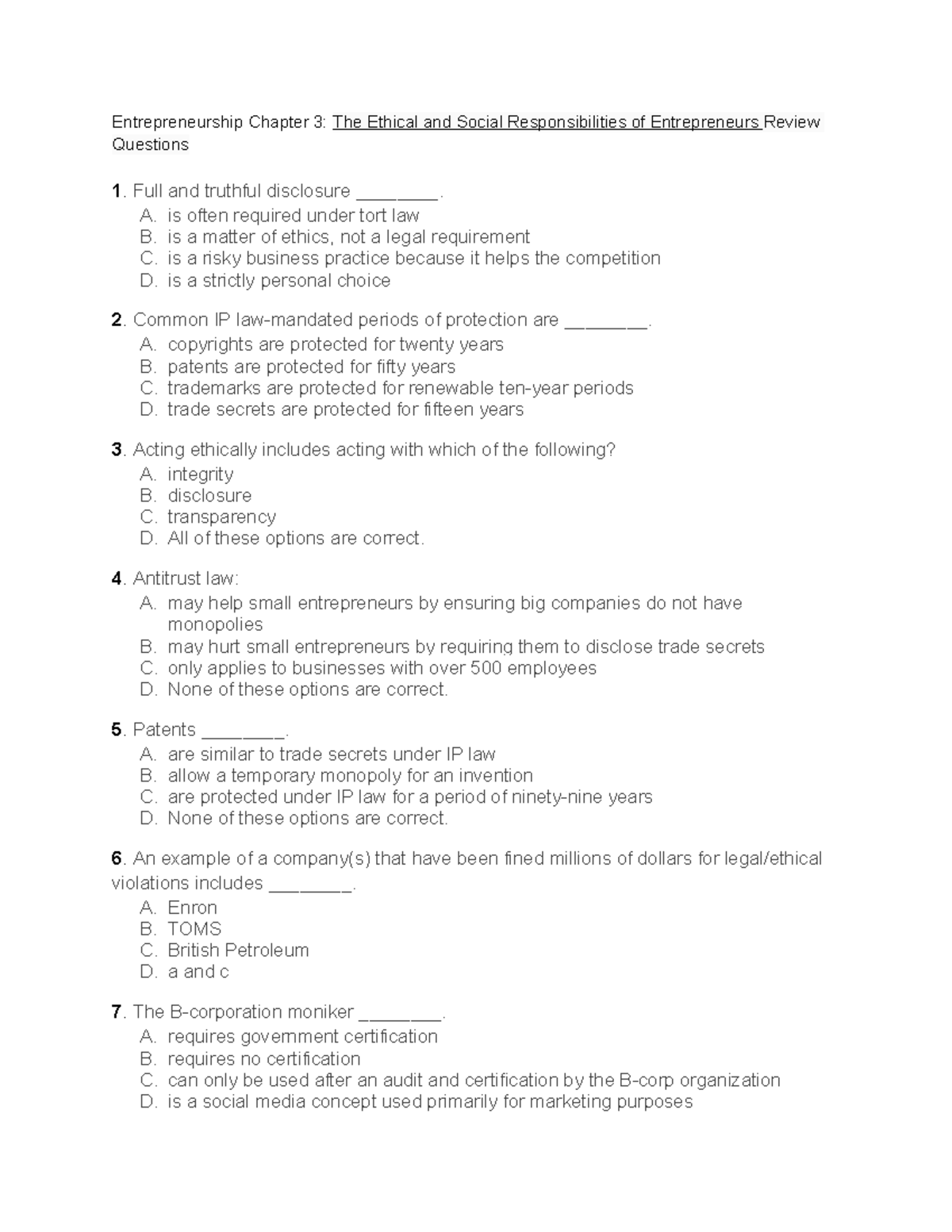 Entrepreneurship Chapter 3 The Ethical and Social Responsibilities of ...