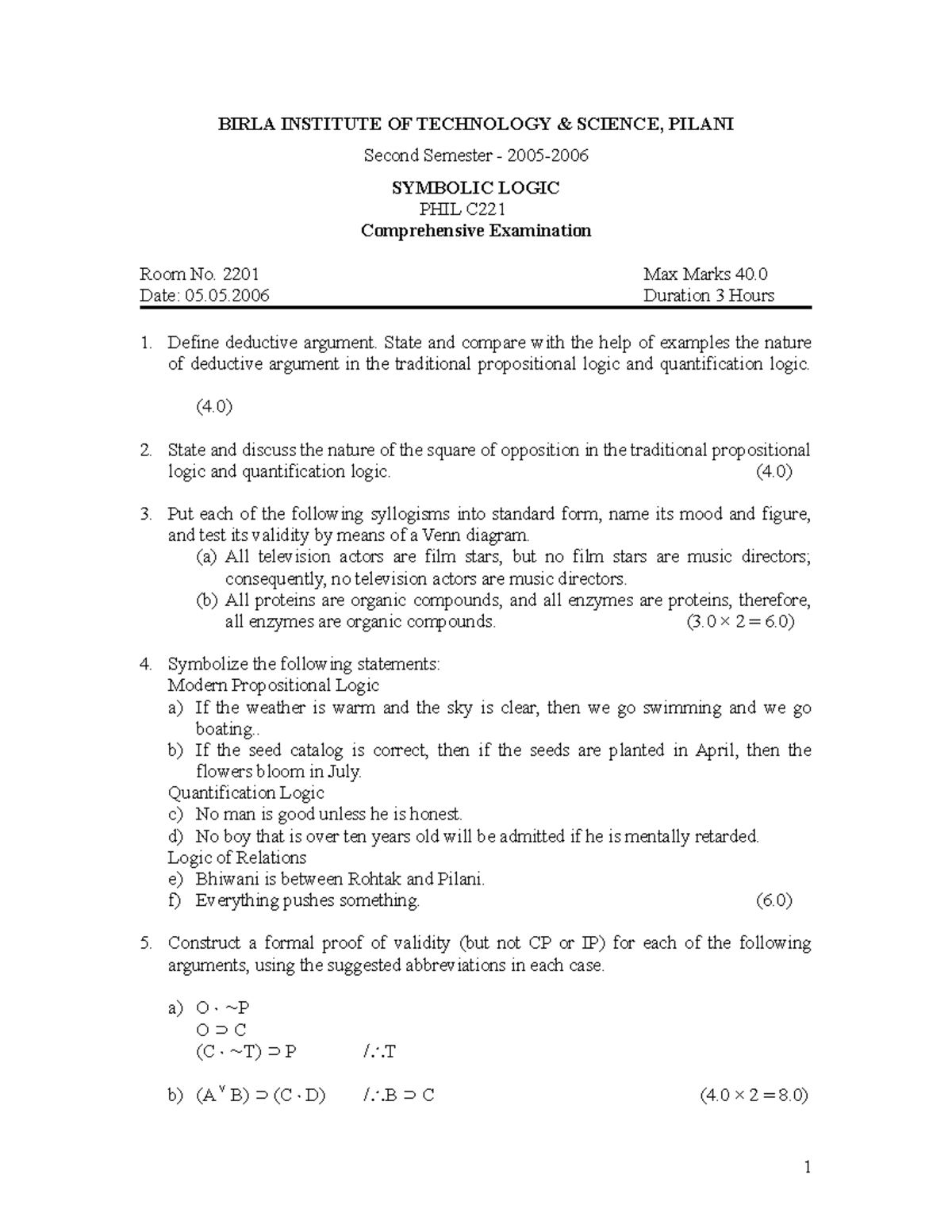 Sym Log sample paper - BIRLA INSTITUTE OF TECHNOLOGY & SCIENCE, PILANI ...