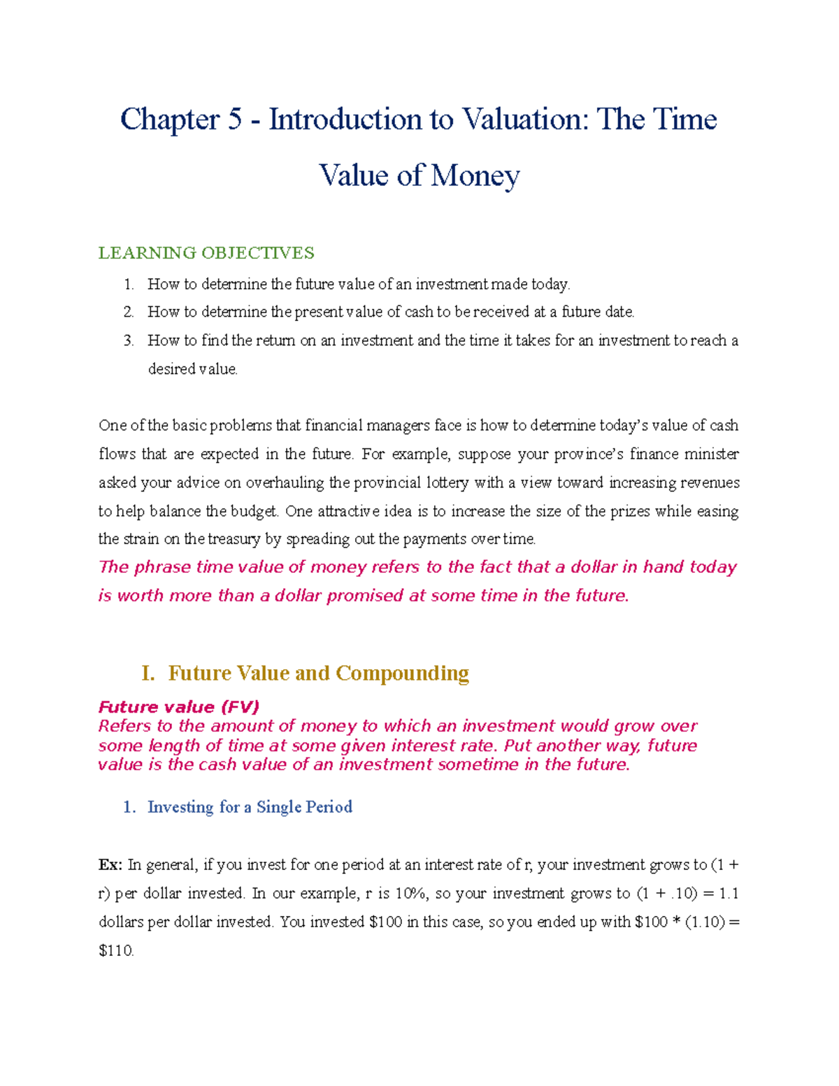 Chapter 5 - Chapter 5 - Introduction to Valuation: The Time Value of Money LEARNING OBJECTIVES ...