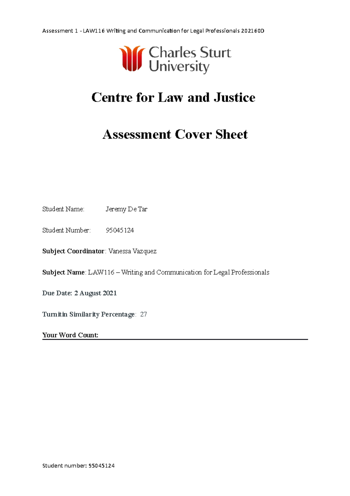 legal memorandum - Centre for Law and Justice Assessment Cover Sheet ...