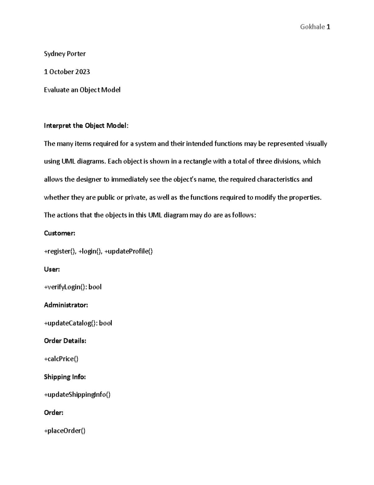 Evaluate an Object Model - Sydney Porter 1 October 2023 Evaluate an ...