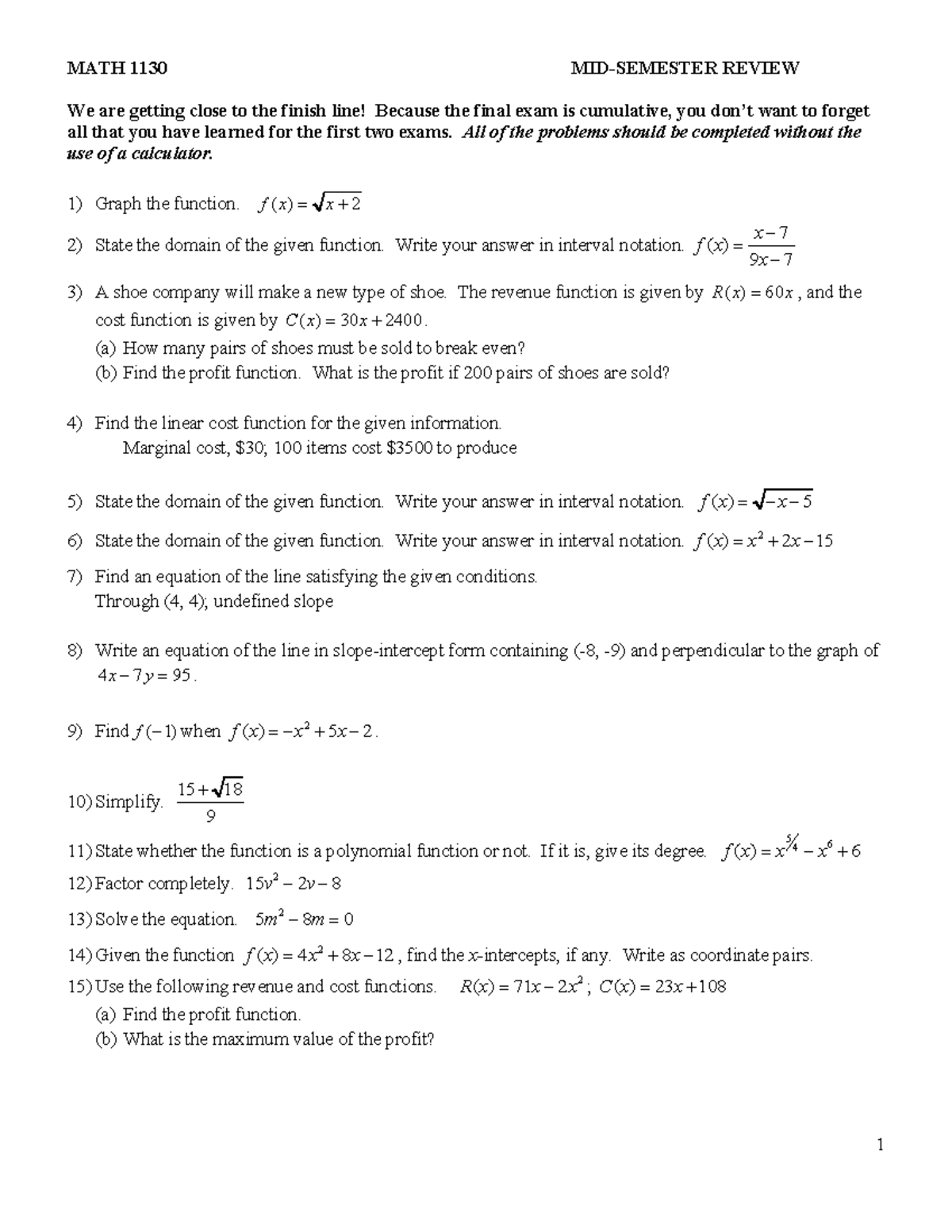 Mid-Semester Review - Everything the class went through from week 1 to week 8 - 1 MATH 1130 ...