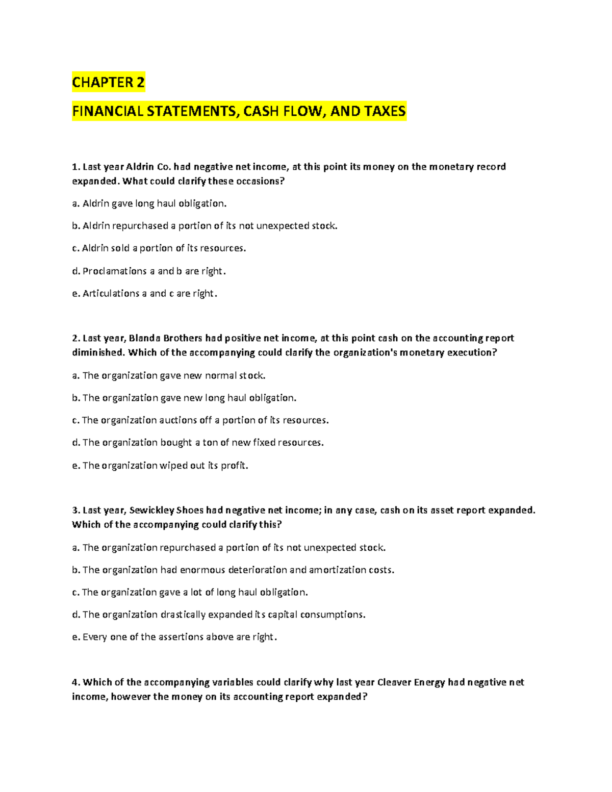 Chapter 2 Financial Statements, CASH FLOW, AND Taxes - CHAPTER 2 ...