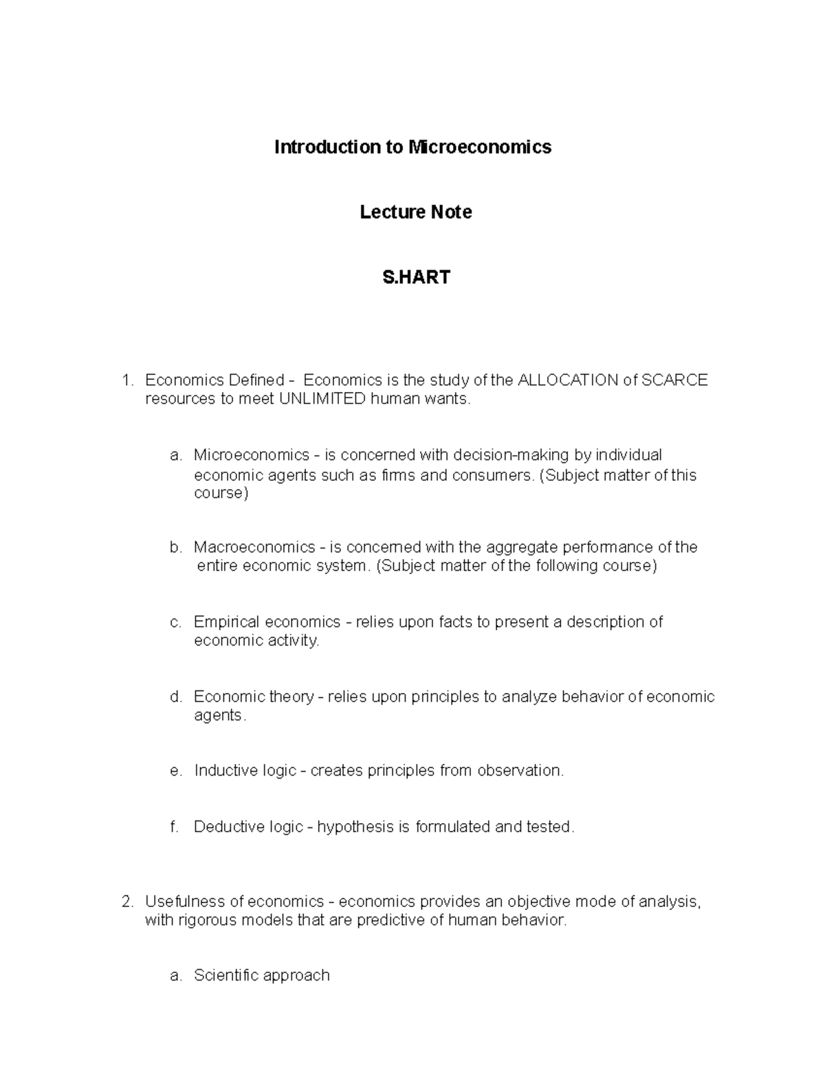 Introduction to Microeconomics - Introduction to Microeconomics Lecture Note S Economics Defined ...