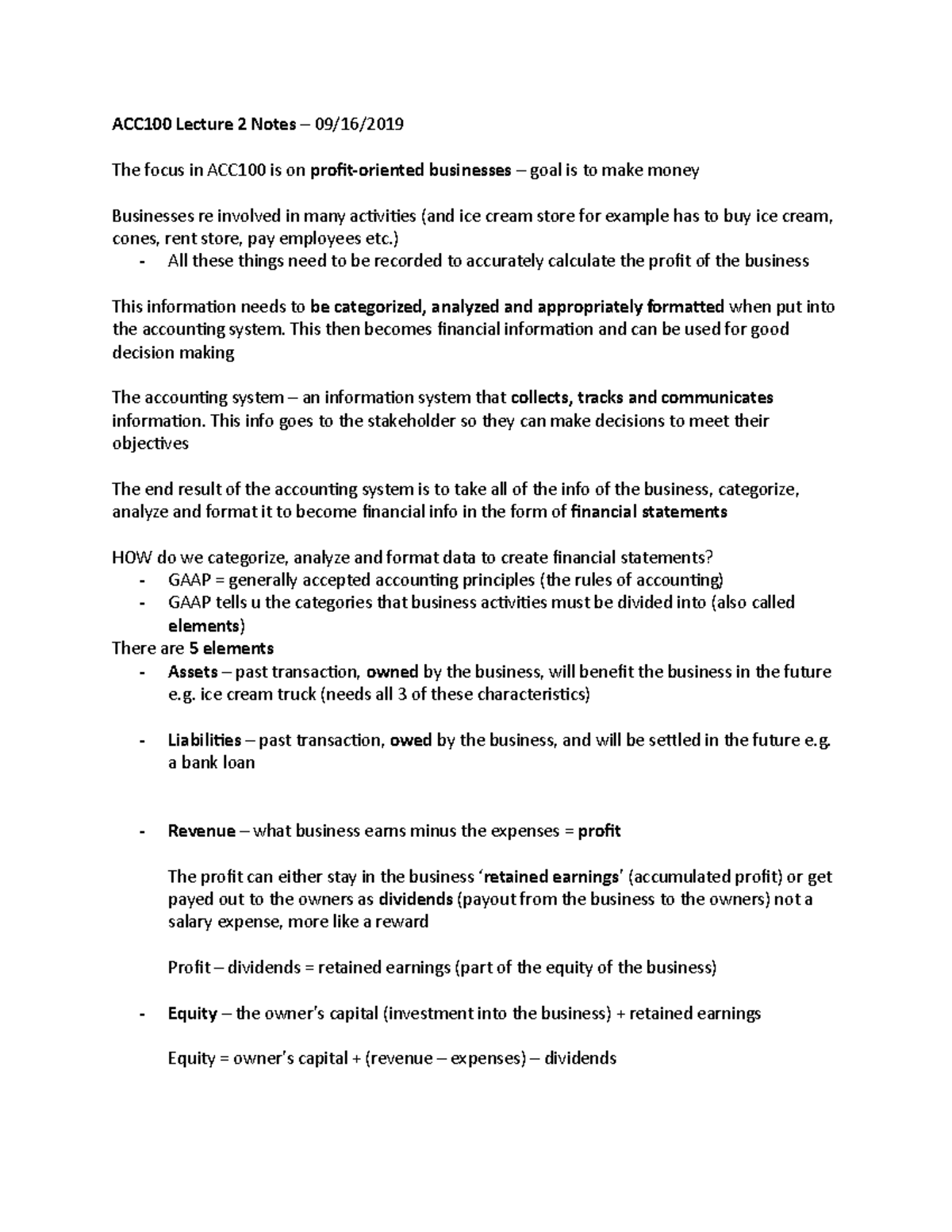 ACC100 Lecture 2 Notes - ACC100 Lecture 2 Notes – 09/16/ The focus in ...
