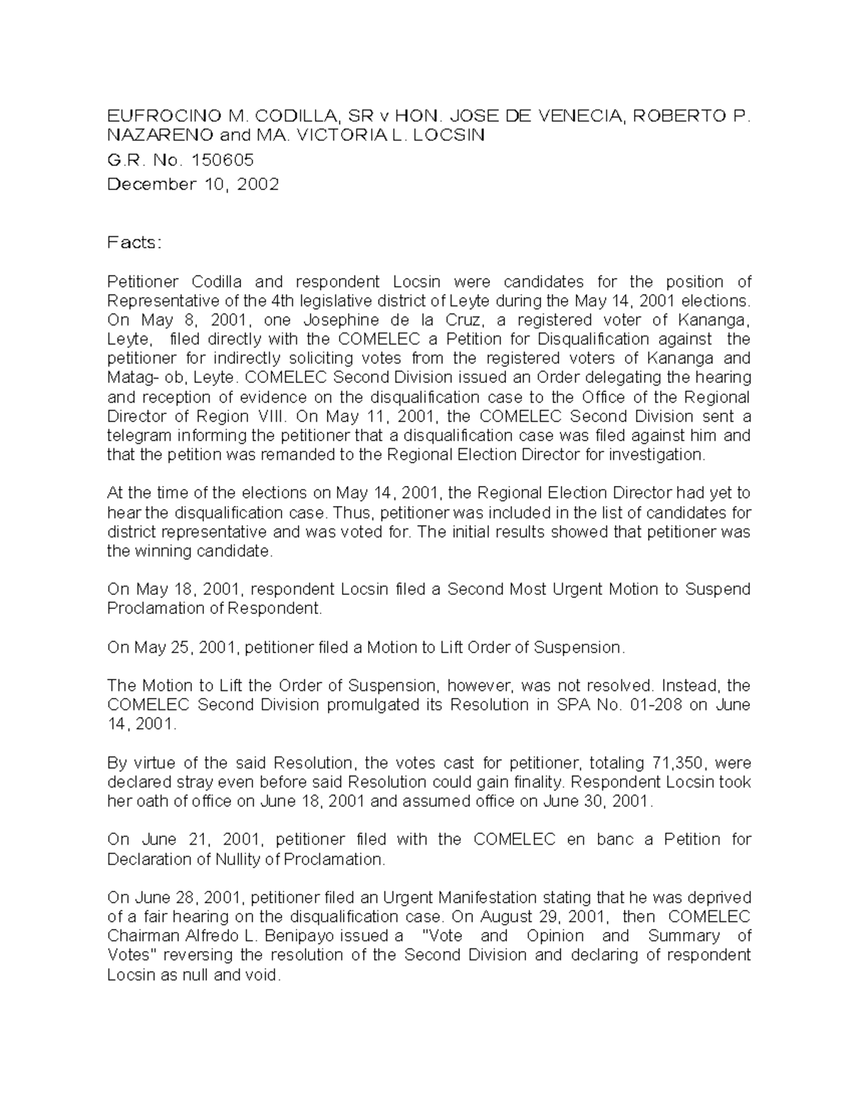 Codilla VS DE Venecia - case digest - EUFROCINO M. CODILLA, SR v HON ...