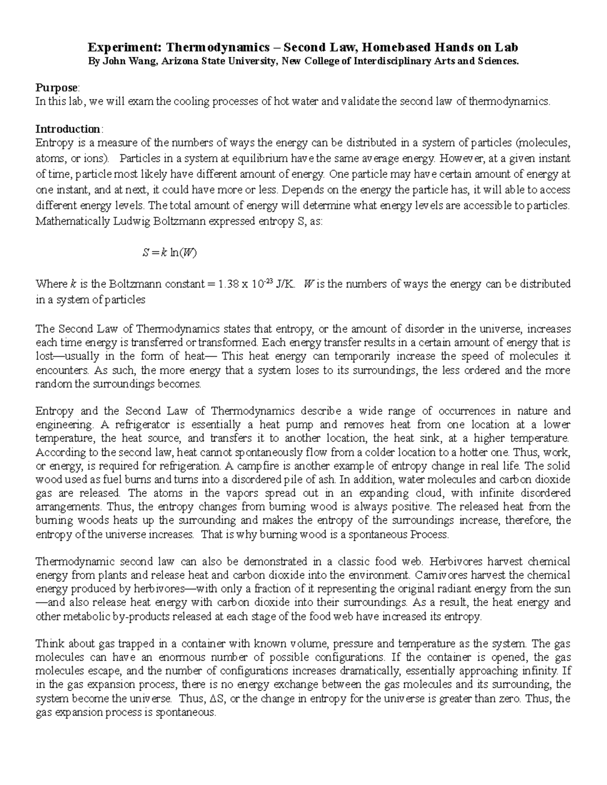 Lab-10 116 Thermodynamics – Second Law, Homebased Hands on Lab ...