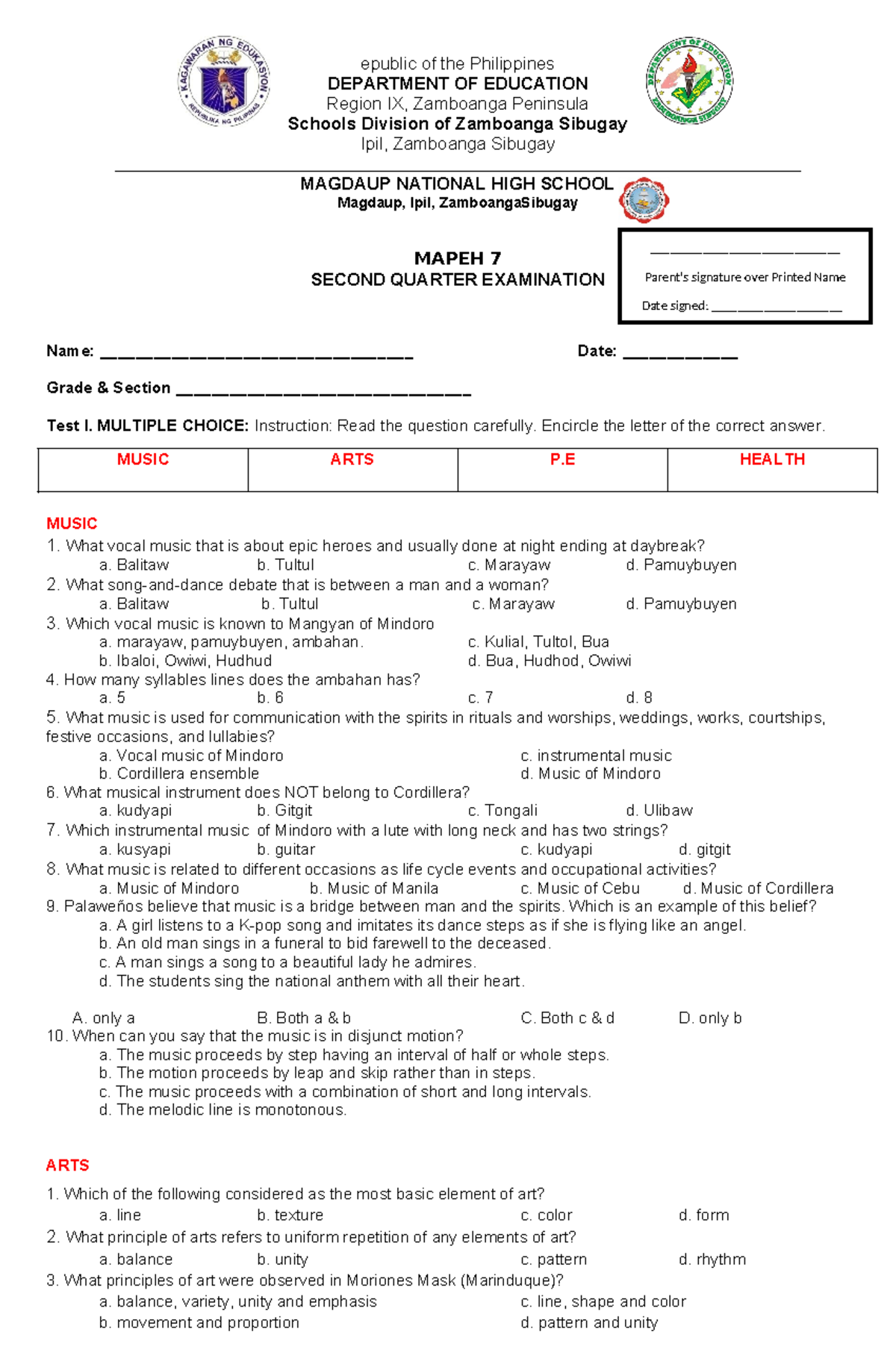 Second Grading Exam- Mapeh 7 - epublic of the Philippines DEPARTMENT OF ...