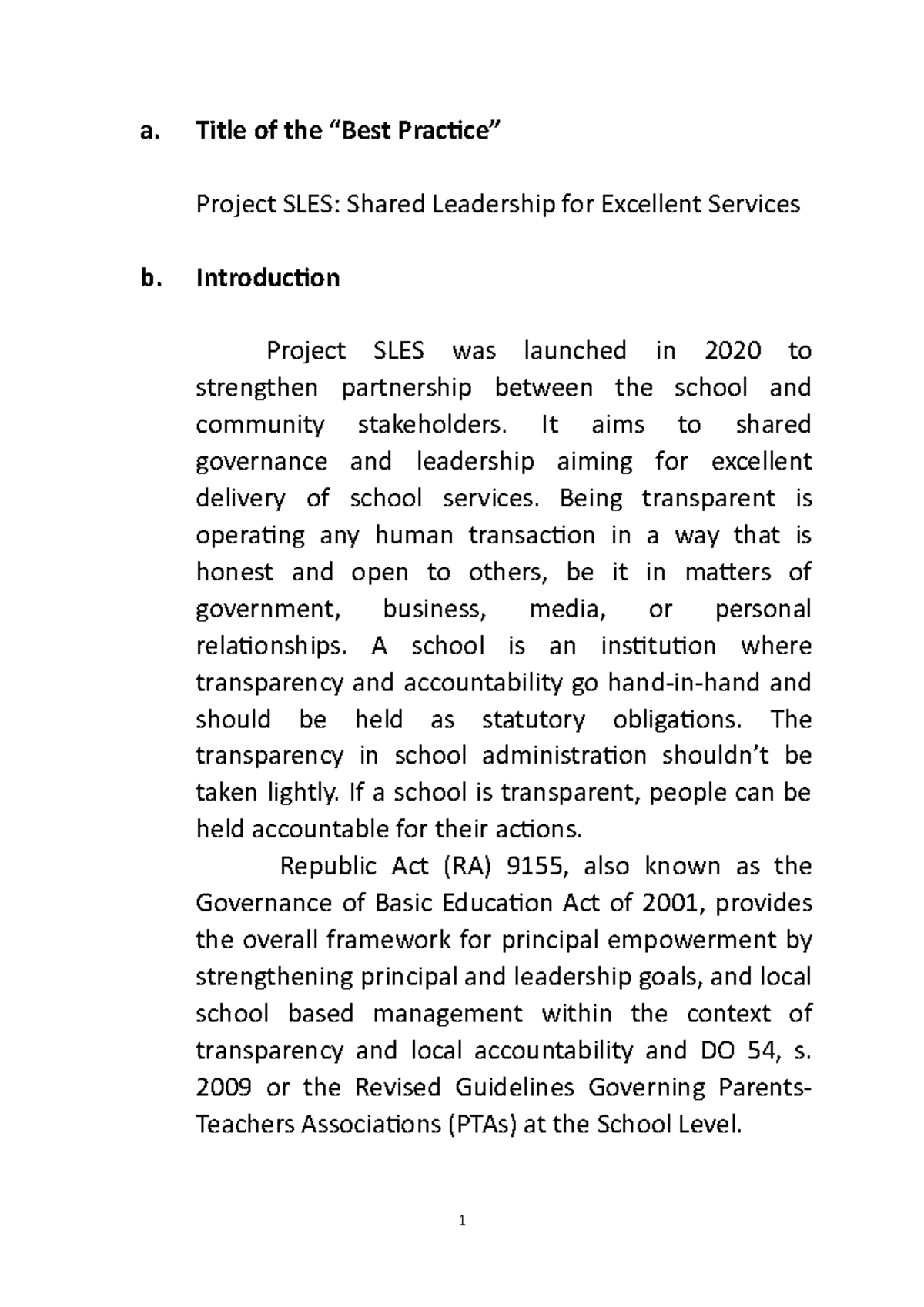 Write Up Of A Best School Practice Project Sles - A. Title Of The “best 