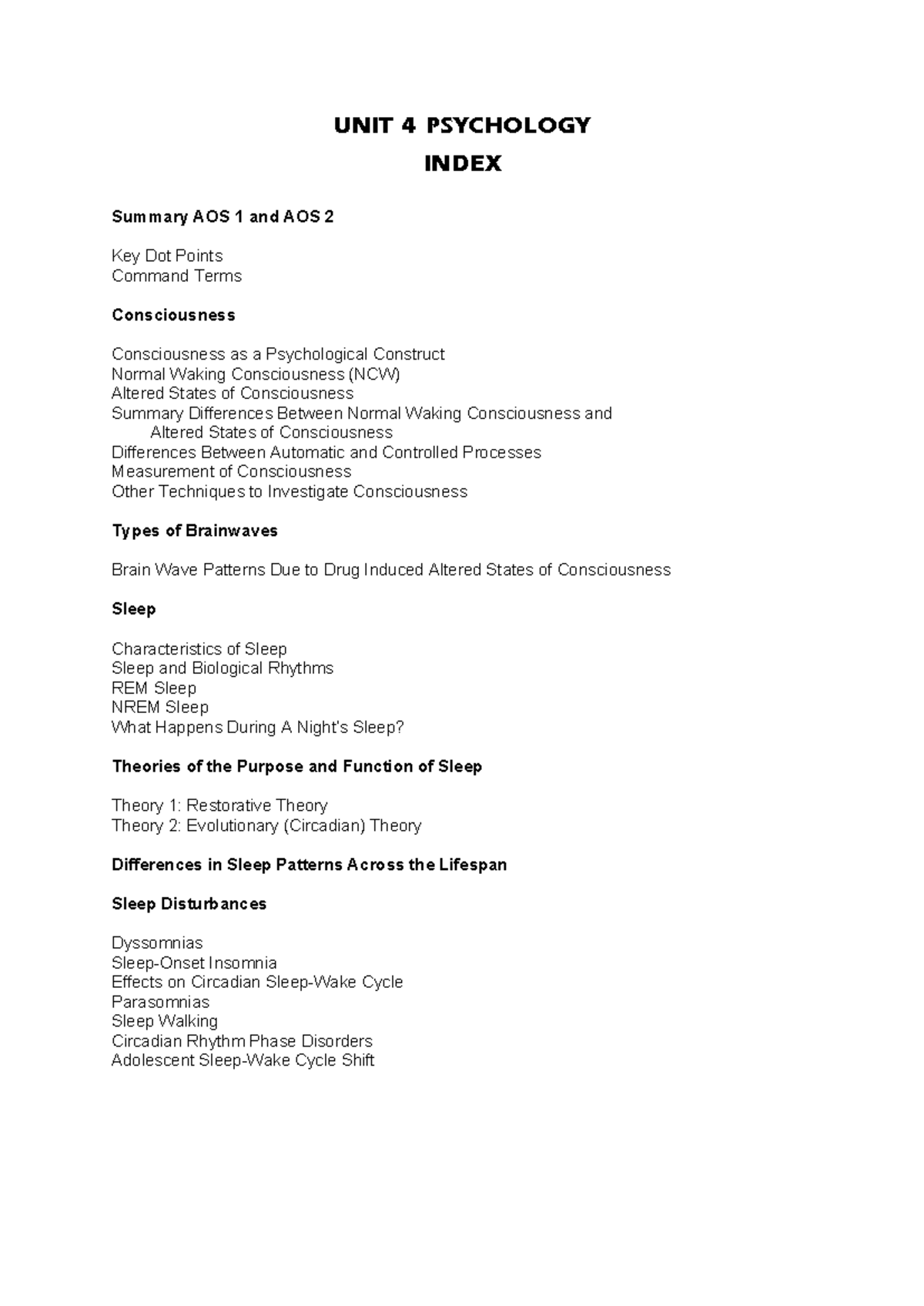 VCE Master Classes Unit 4 Psychology Topics - UNIT 4 PSYCHOLOGY INDEX ...