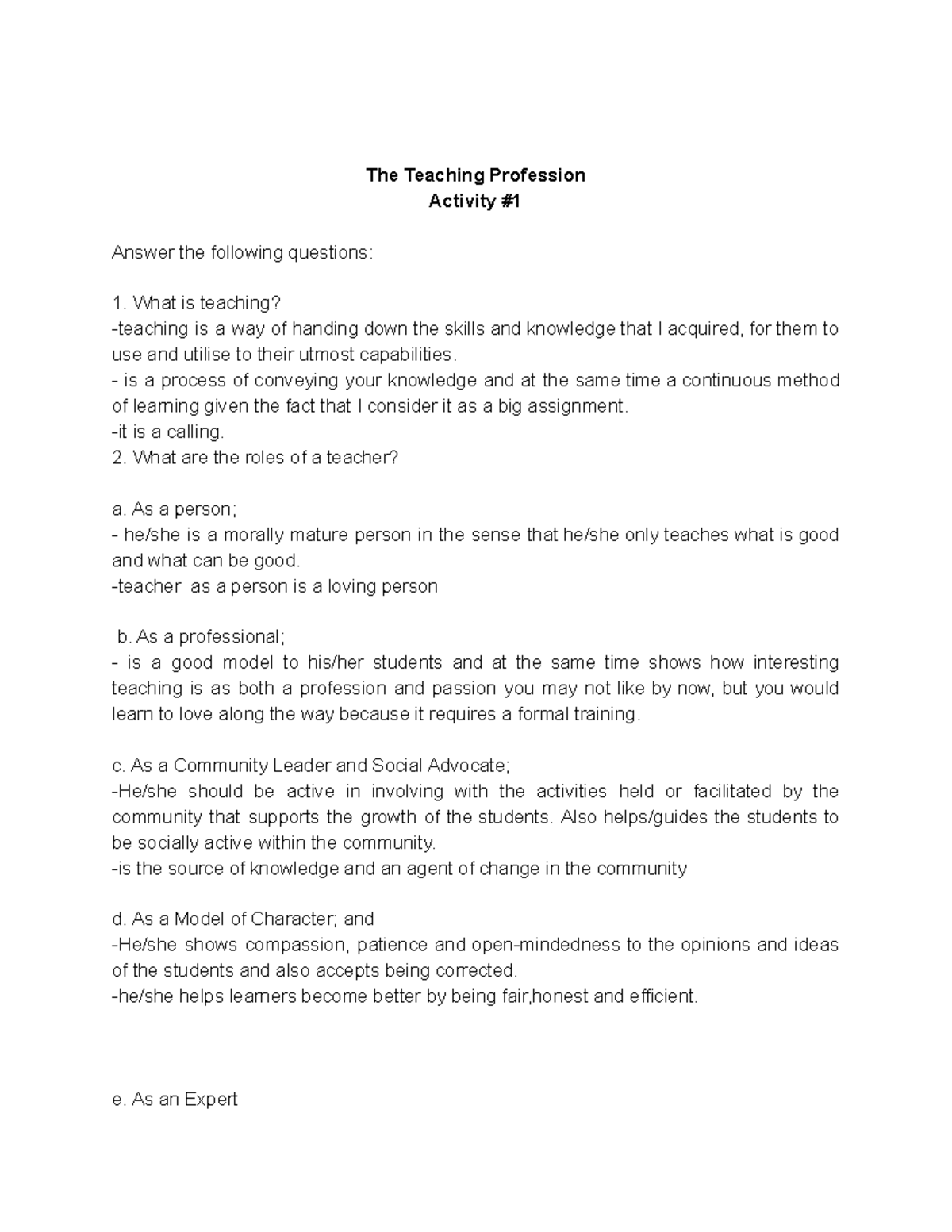 The Teaching Profession - The Teaching Profession Activity # Answer the ...