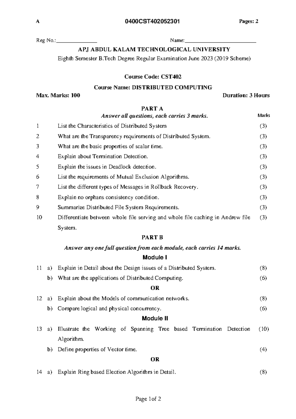 Cst402 June2023 Adsfadsf Page 1 Of 2 0400cst Course Code Cst Course Name Distributed