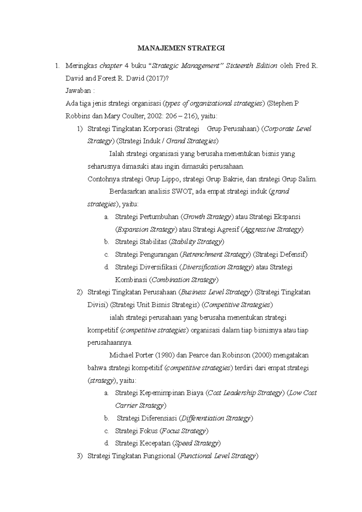 Tk 6 Manajemen Stratejik Manajemen Strategi Meringkas Chapter 4 Buku