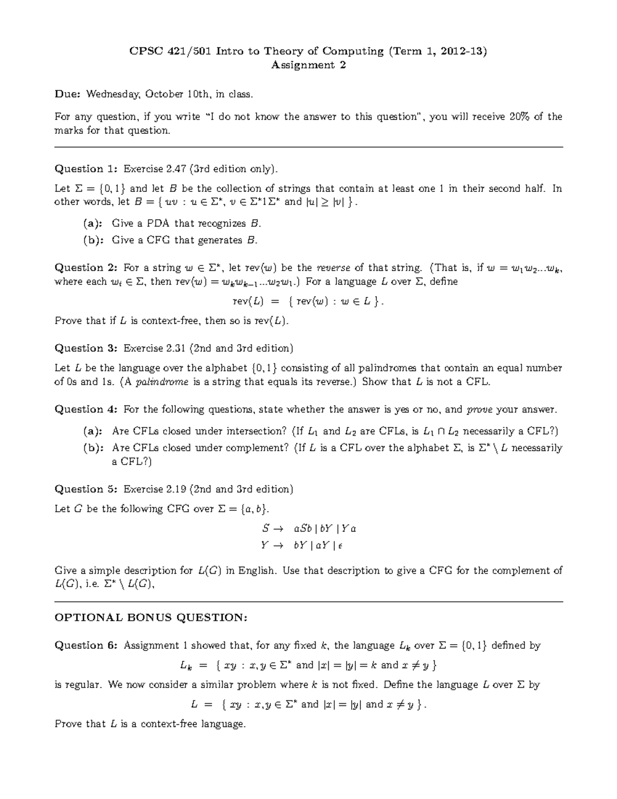 Assignment 2 Questions Cpsc 421501 Intro To Theory Of Computing