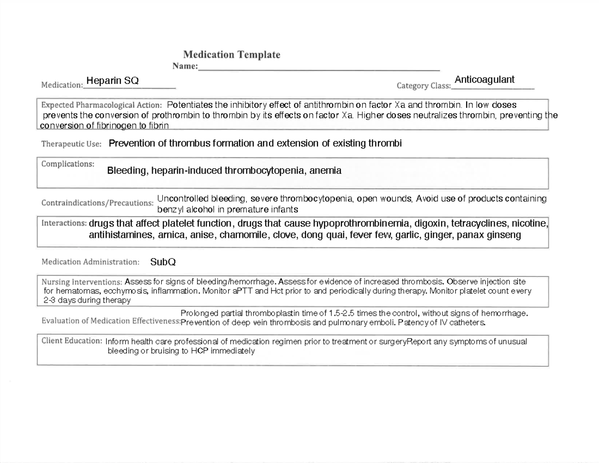 Heparin SQ - ATI - NRSE 3010 - ETSU - Studocu