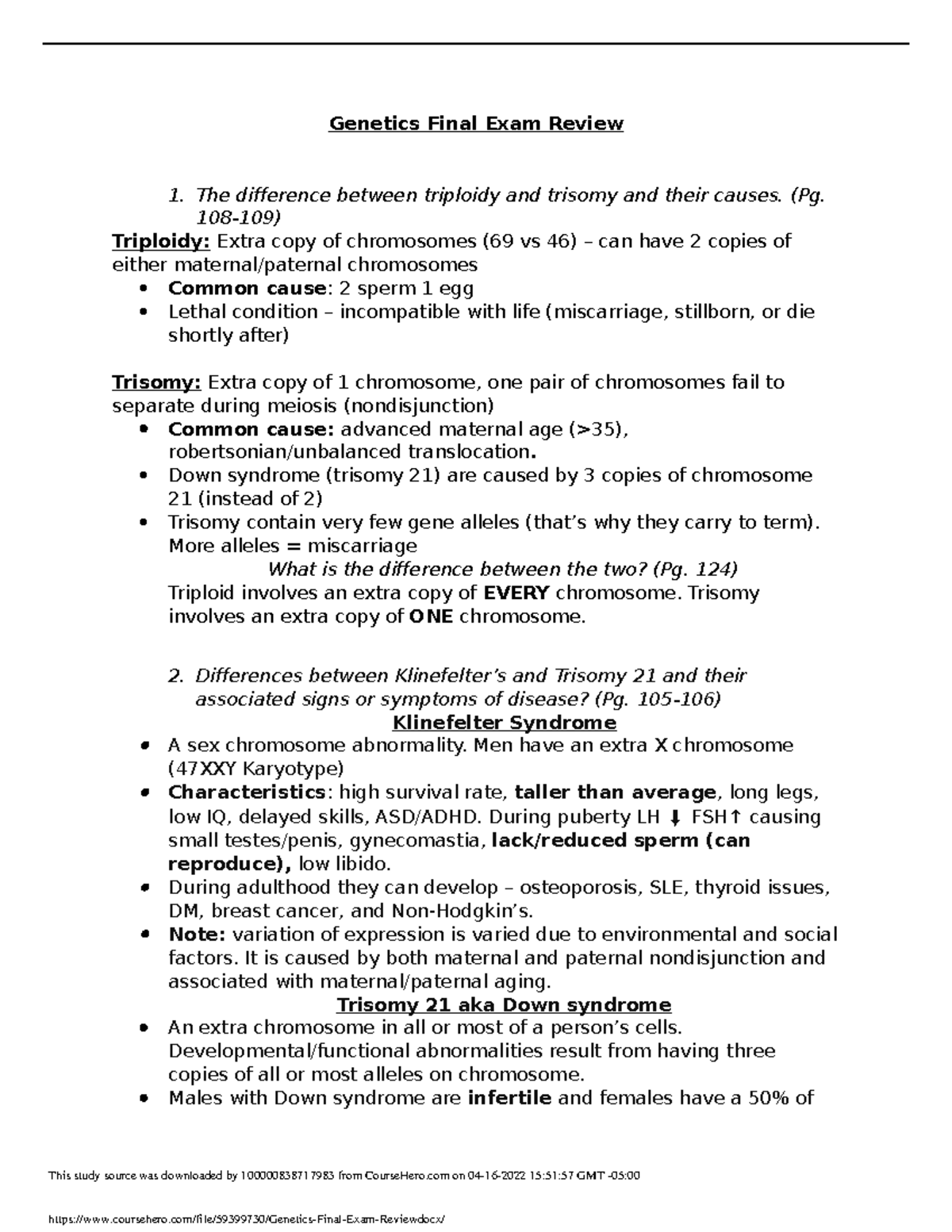 Genetics Final Exam Review - (Pg. 108-109) Triploidy: Extra copy of ...