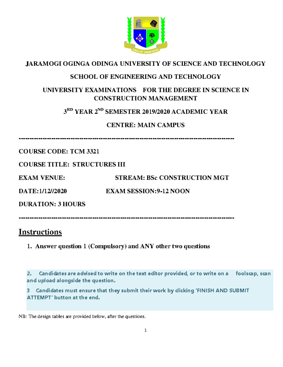 TCM 3321 Structures III - O A S I SO FKNOWLEDGE JARAMOGI OGINGA ODINGA ...