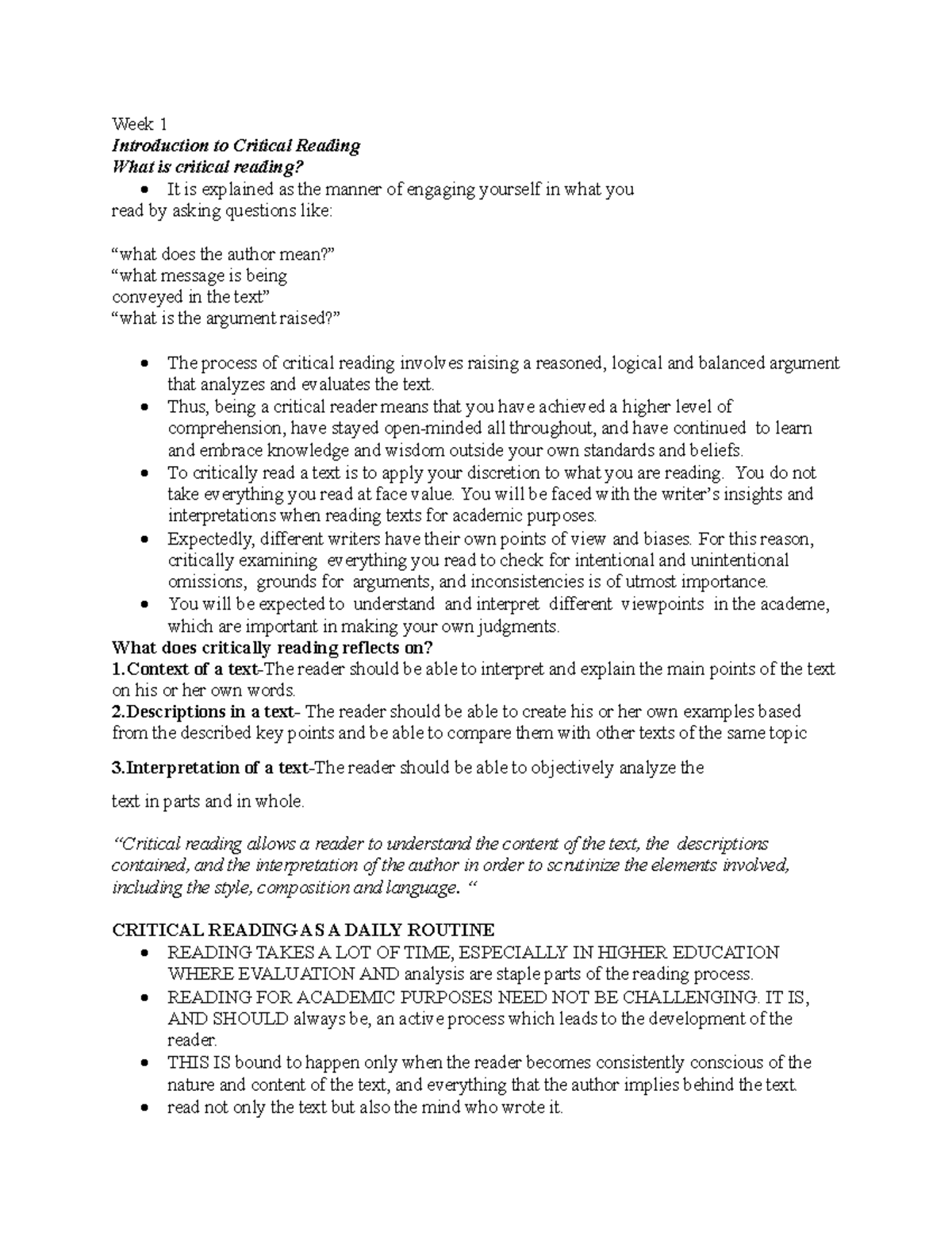 CRWT WEEK 1 AND 2 Reviewer - Week 1 Introduction to Critical Reading ...