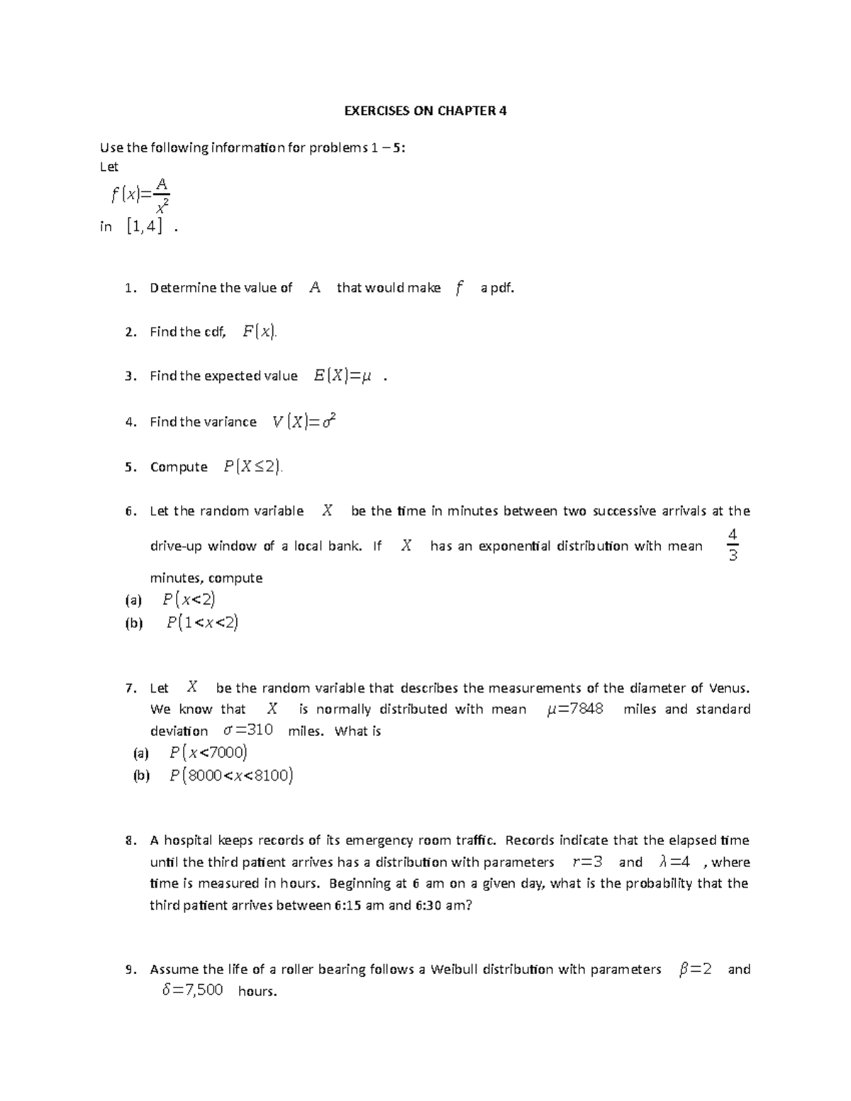Exercises ON Chapter 4 - Optional homework assignment but the questions ...