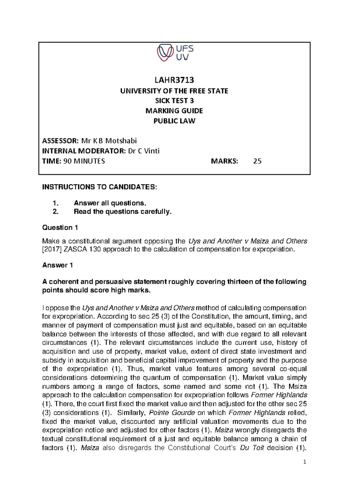 230427 Sick Test 3 - marking guide FV - 1 LAHR UNIVERSITY OF THE FREE ...