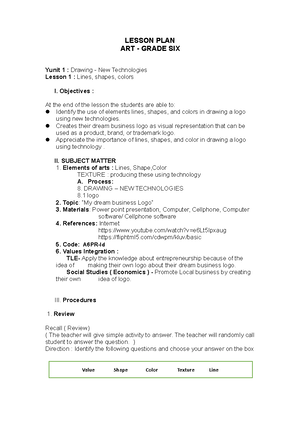 DETAILED LESSON PLAN IN ARTS - DETAILED LESSON PLAN GRADE LEVEL: I ...