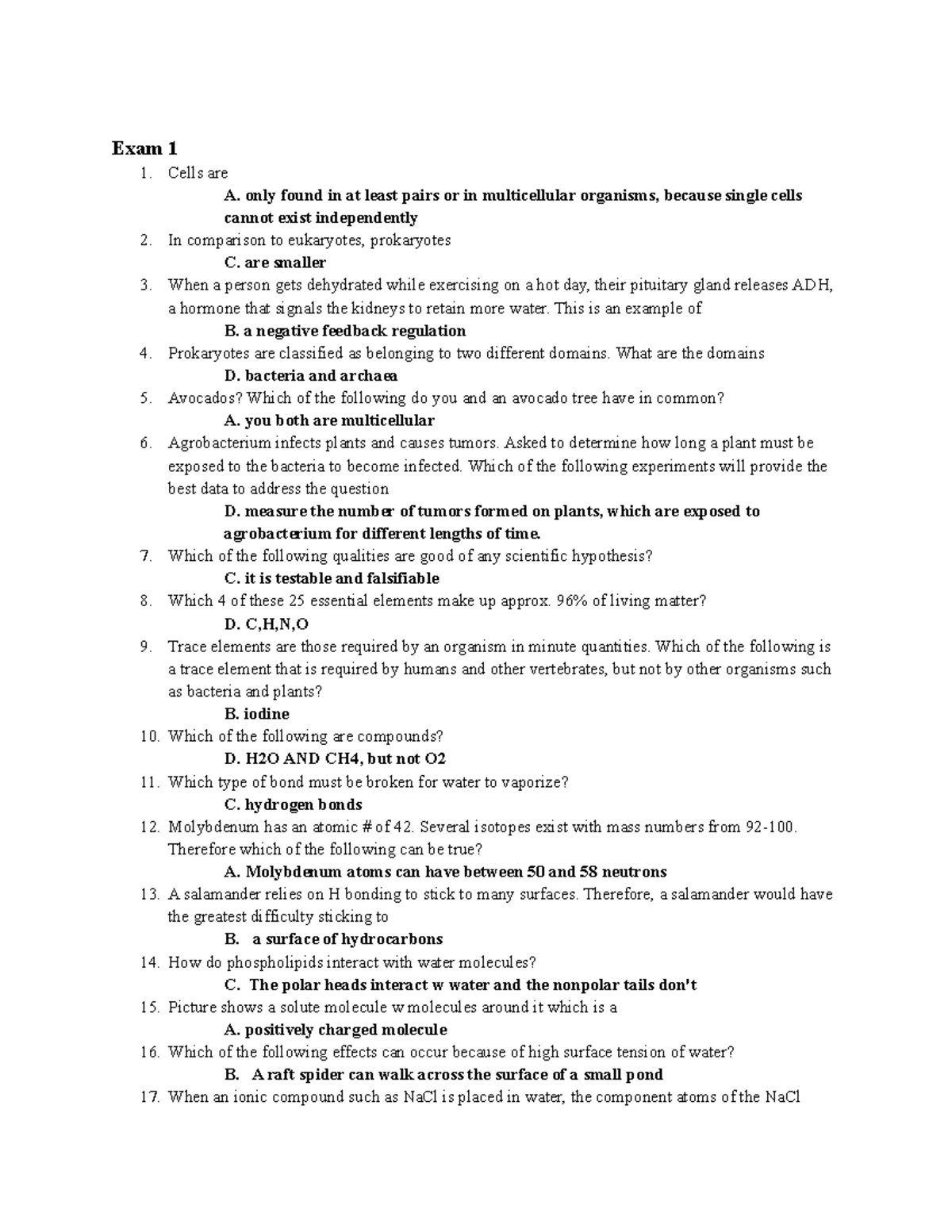 Gen Bio l Final Exam Study Guide - Exam 1 1. Cells are A. only found in ...