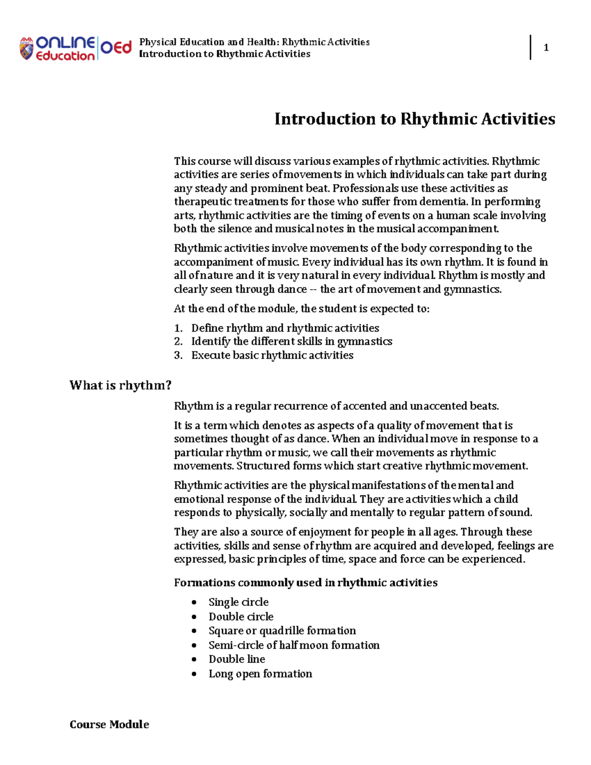 W1 Lesson 1 - Introduction to Rhythmic Activity - Module - Physical ...