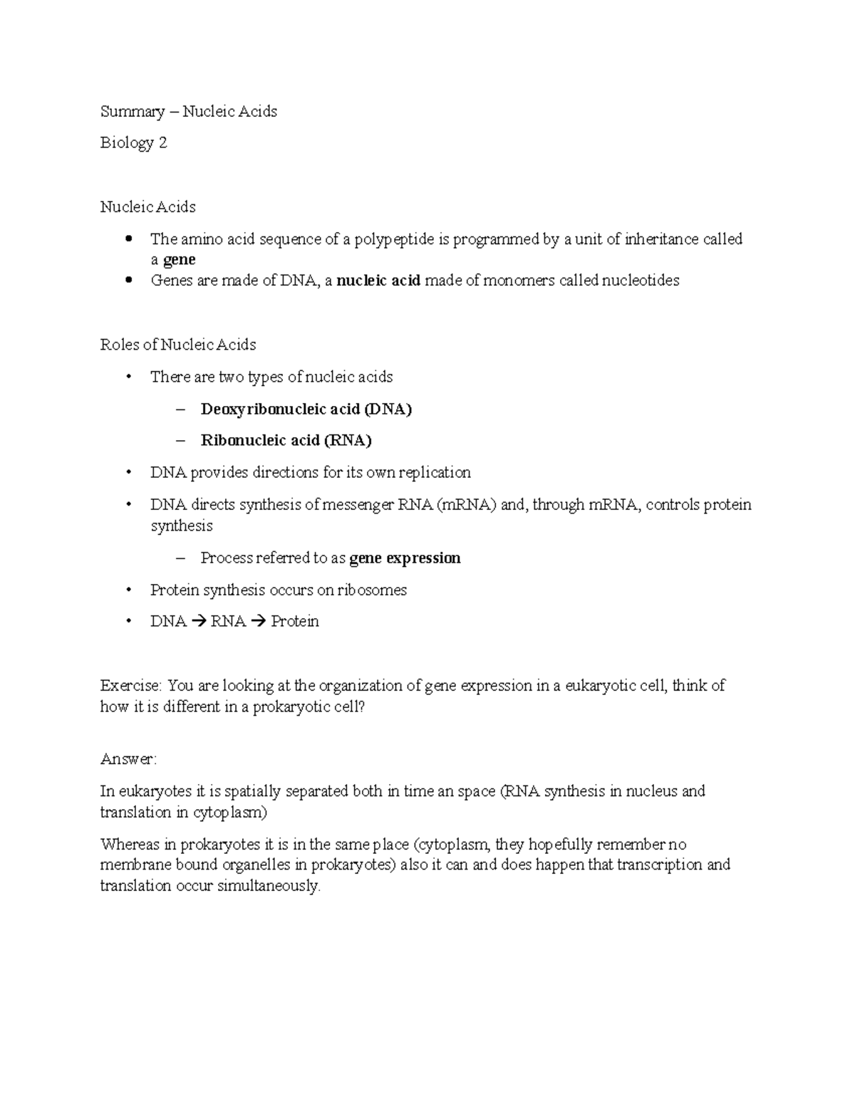 Summary - Nucleic Acids - Summary – Nucleic Acids Biology 2 Nucleic ...
