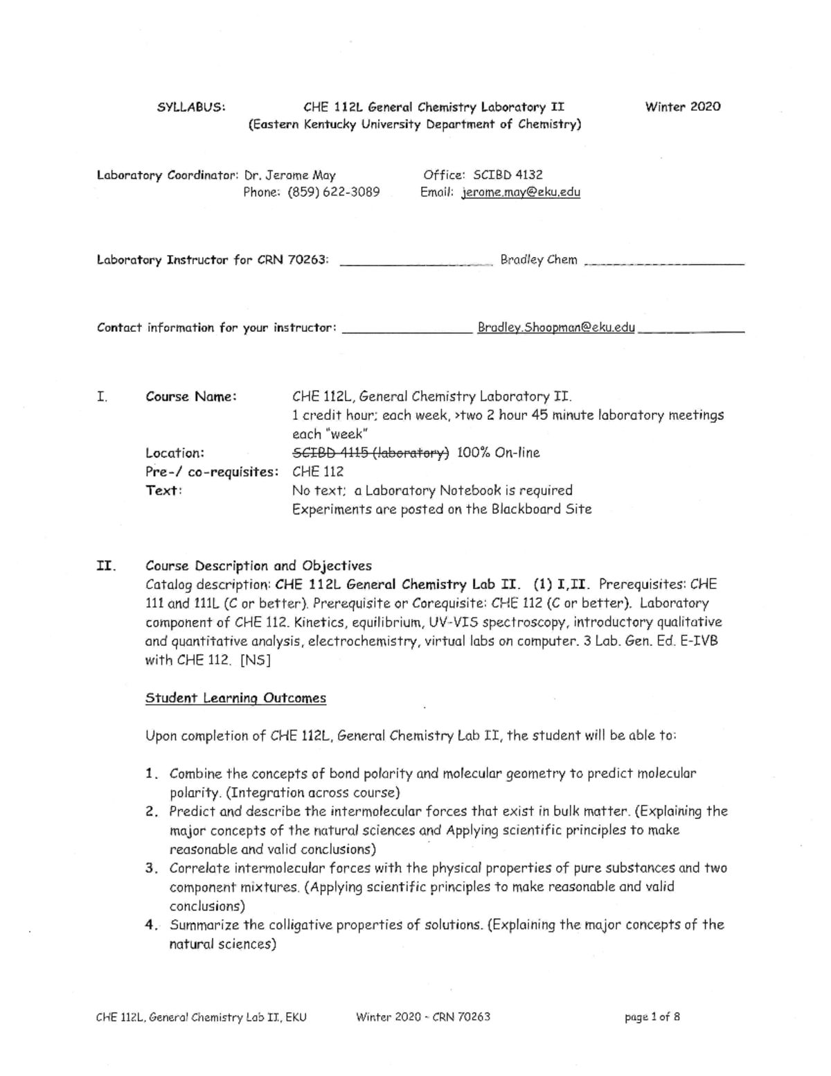 Syllabus-CHE112Lcrn70263 Winter 2020 - CHE 112L - Studocu