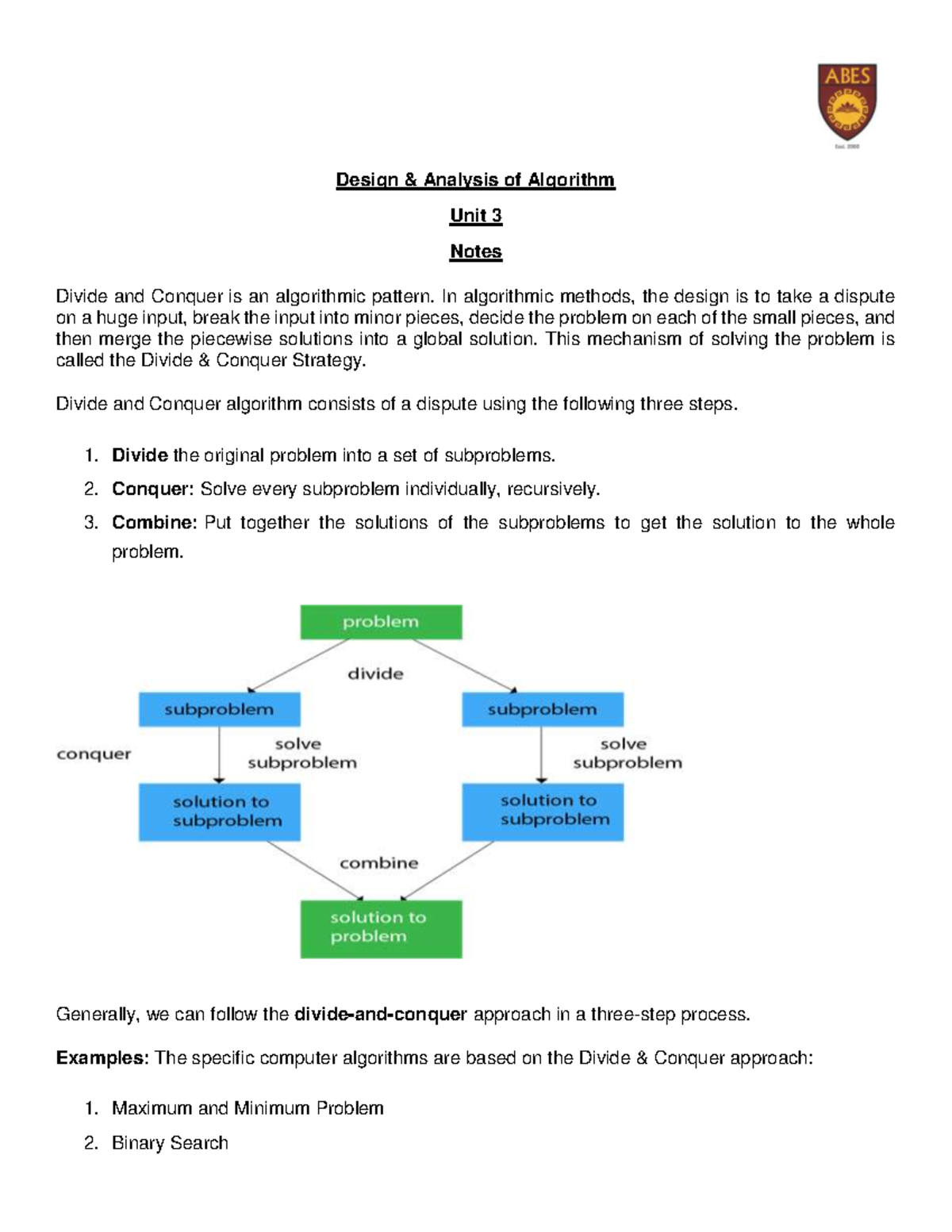 Unit 3 - big data - Design & Analysis of Algorithm Unit 3 Notes Divide ...