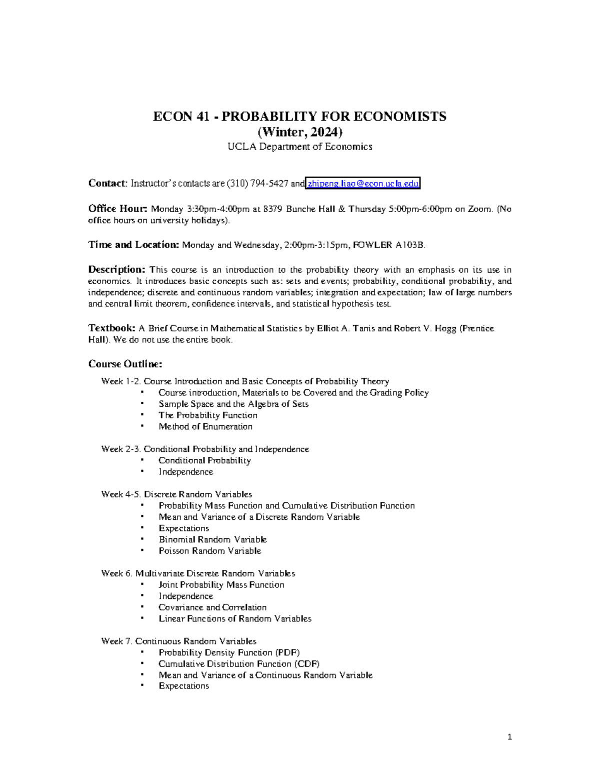 Syllabus-Econ 41 2024W Rev3 - 1 ECON 41 - PROBABILITY FOR ECONOMISTS (Winter, 20 24 ) UCLA - Studocu