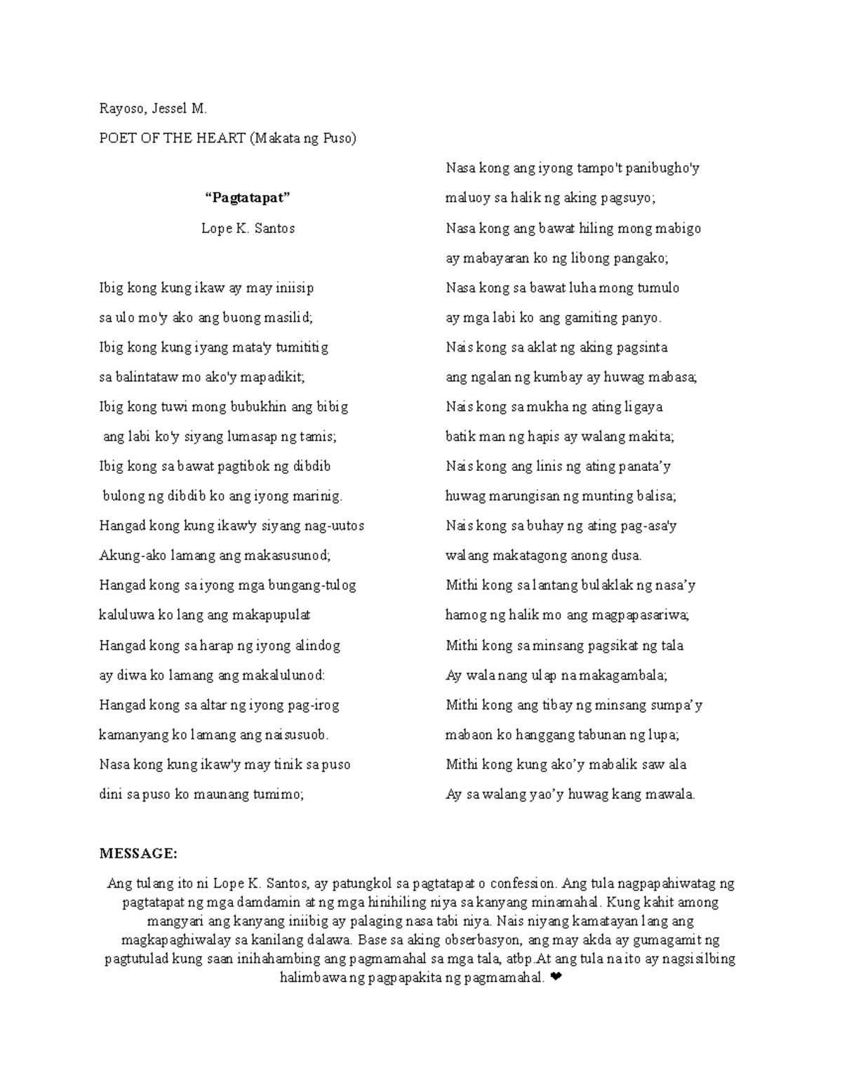 Poet - My work. - Rayoso, Jessel M. POET OF THE HEART (Makata ng Puso ...