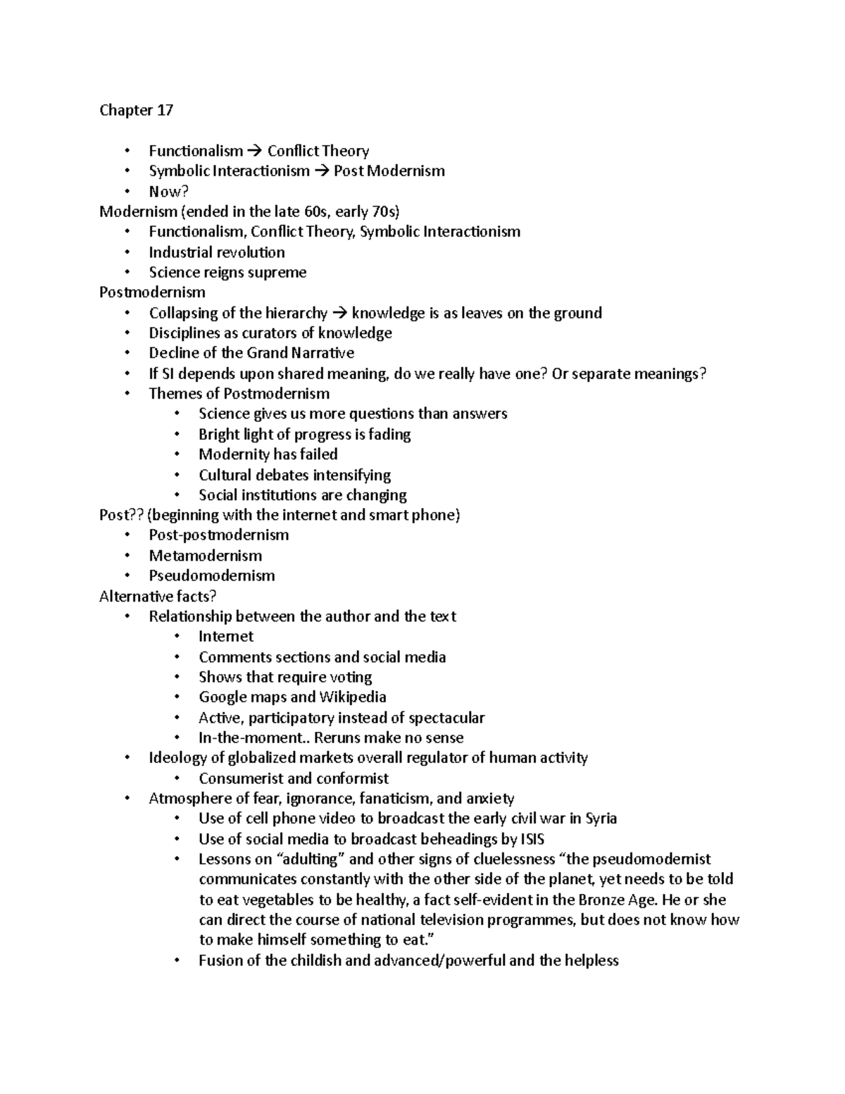 Chapter 17 - notes - Chapter 17 Functionalism Conflict Theory Symbolic ...