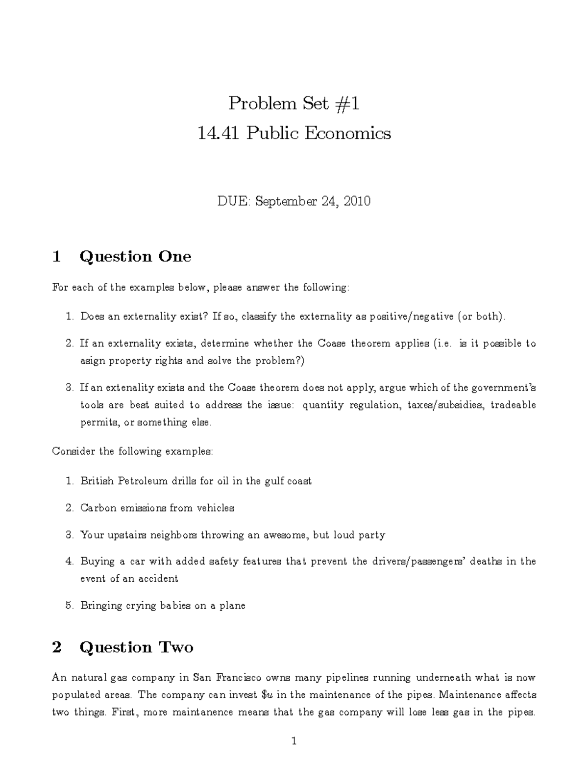 Seminar assignments - Problem set 1 with solutions - Problem Set 14 Public Economics DUE ...