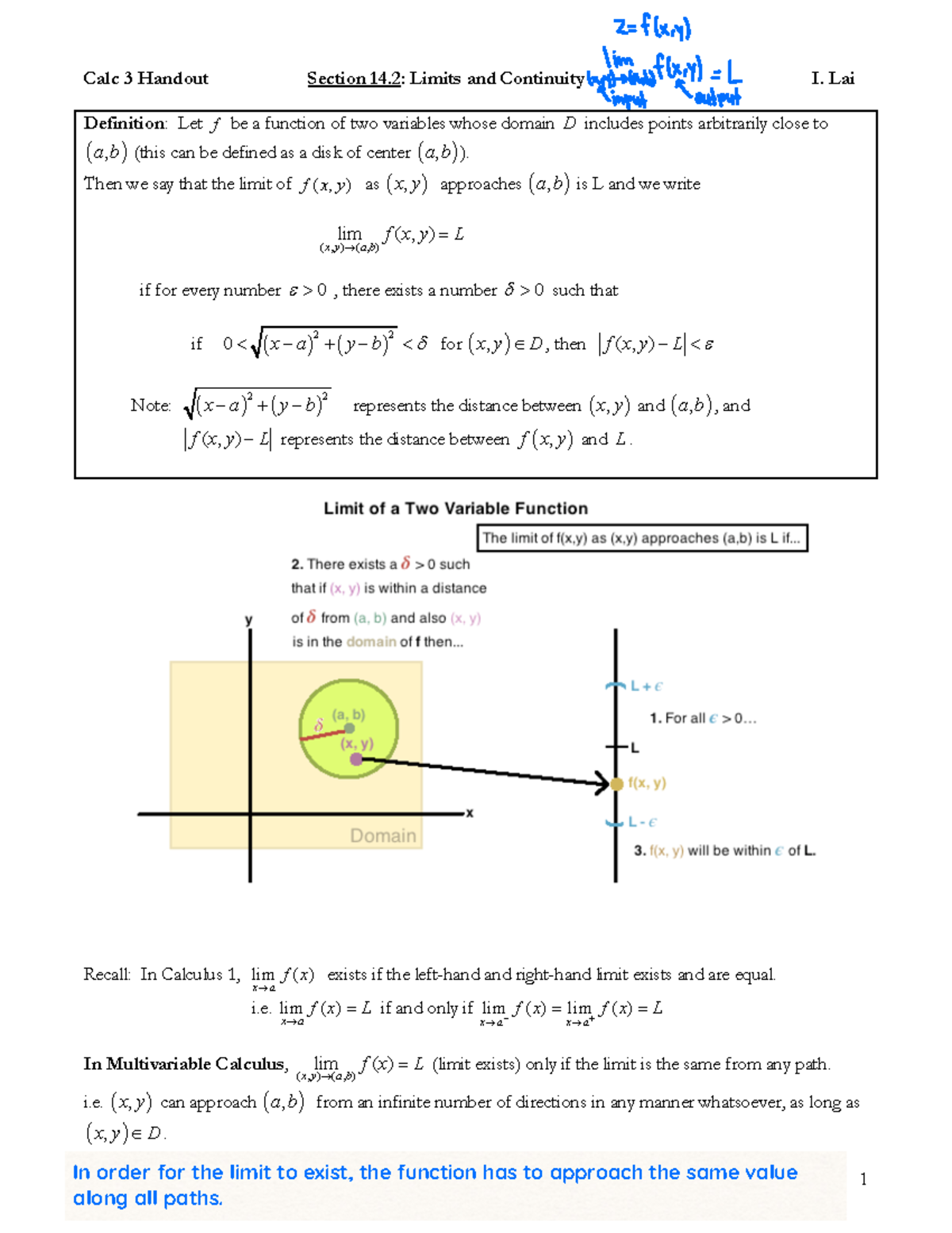 Limits and Continuity Lesson 14.2 - 1 Calc 3 Handout Section 14: Limits and Continuity I. Lai ...