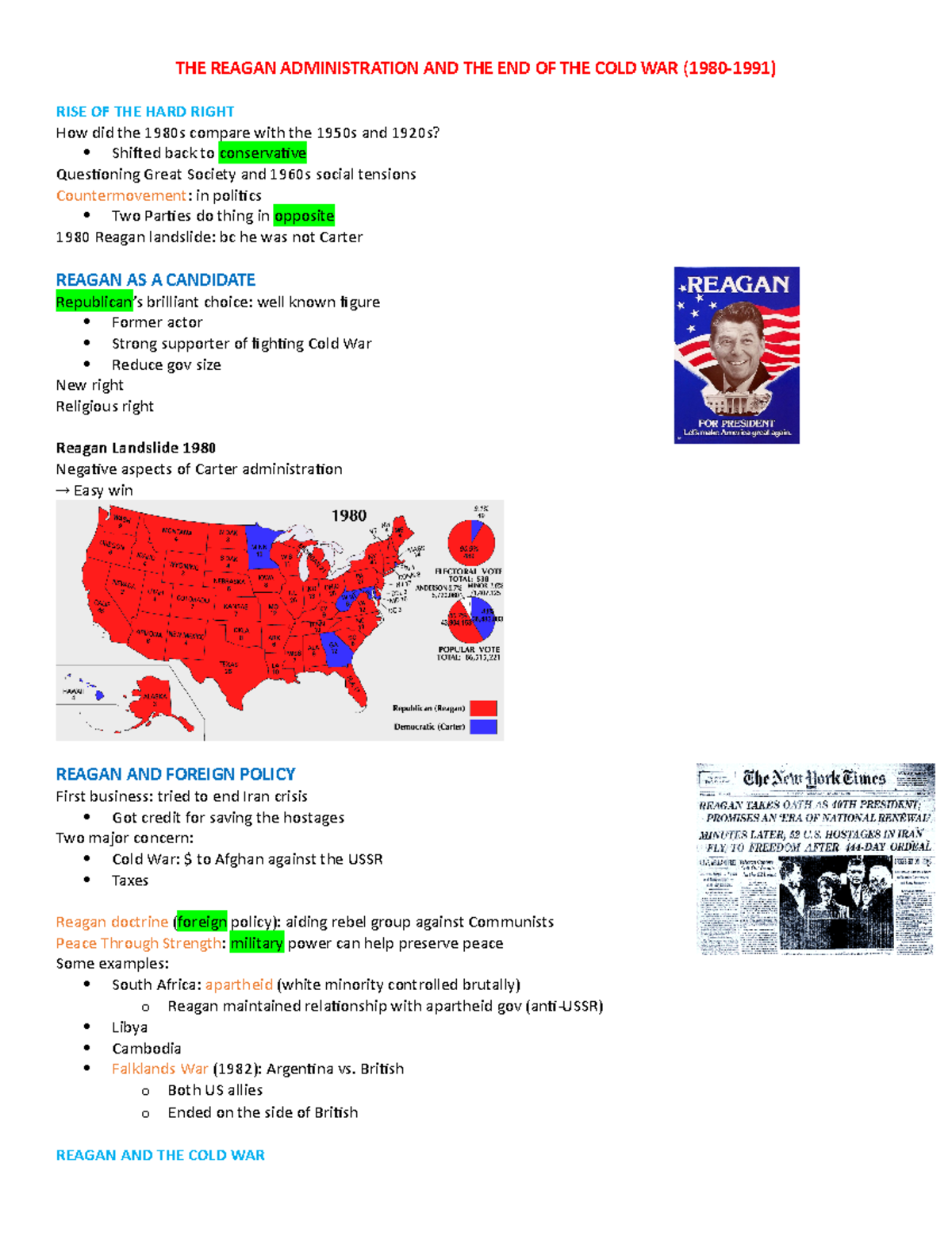 Hist 26, 27, 28-Reagan - Lecture notes 14 - THE REAGAN ADMINISTRATION ...