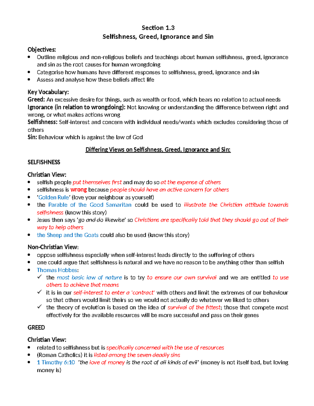 Section 1.3 - Selfishness, Greed, Ignorance & Sin - Section 1 ...