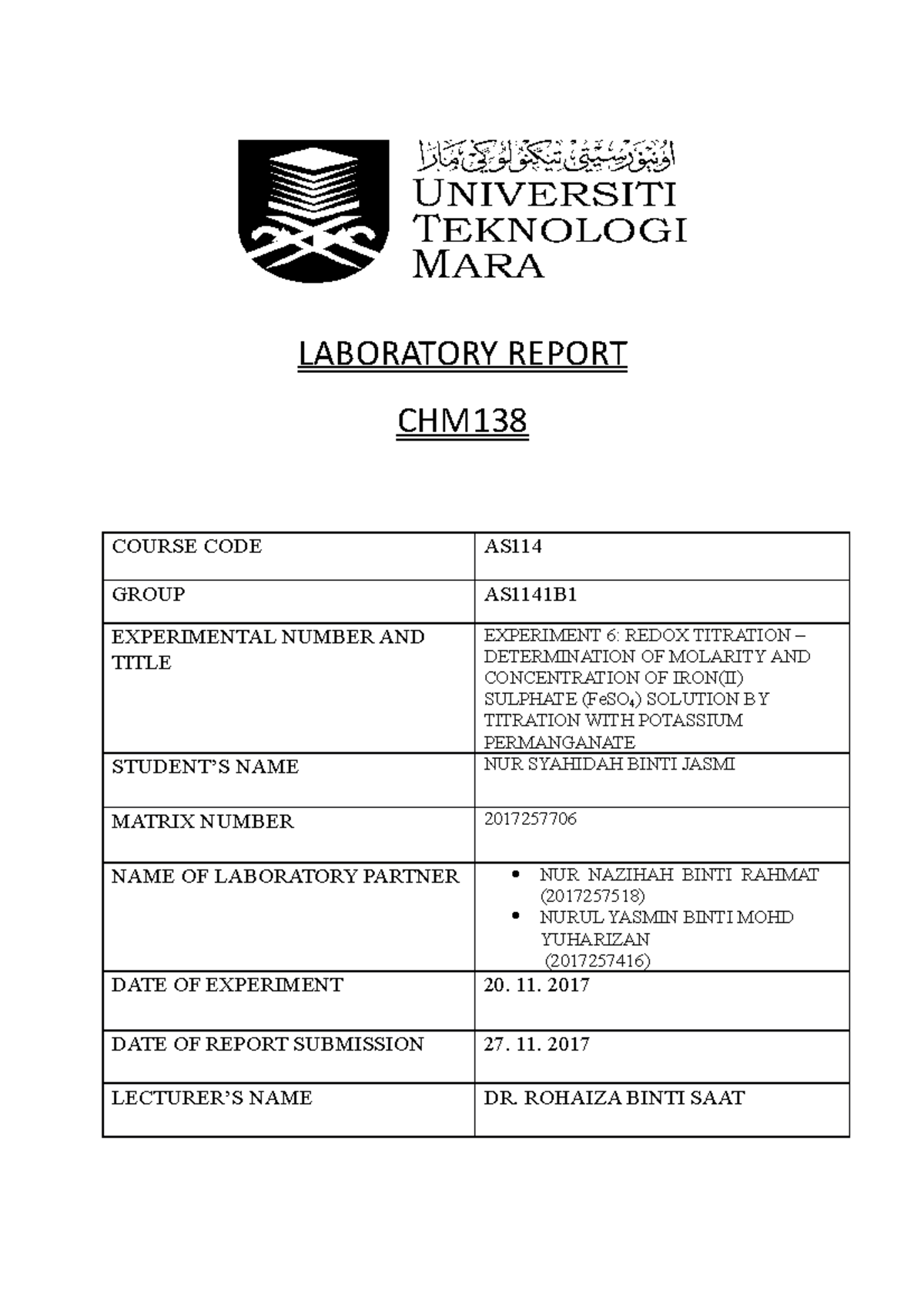 Laboratory Report - .............. - Analytical Separation Methods ...