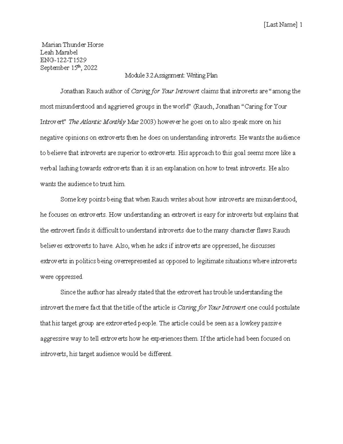 Module 3 Writing Plan - [Last Name] 1 Marian Thunder Horse Leah Marabel ...