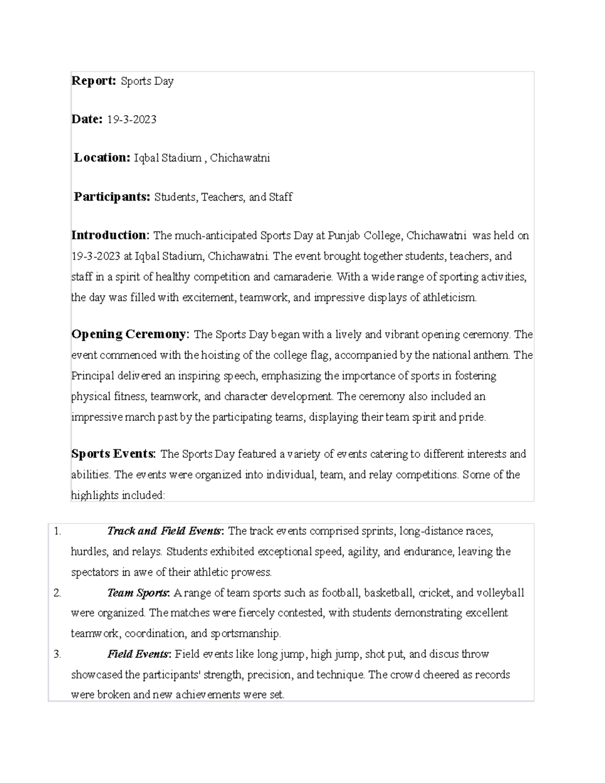 Report - Information for students - Report: Sports Day Date: 19-3 ...