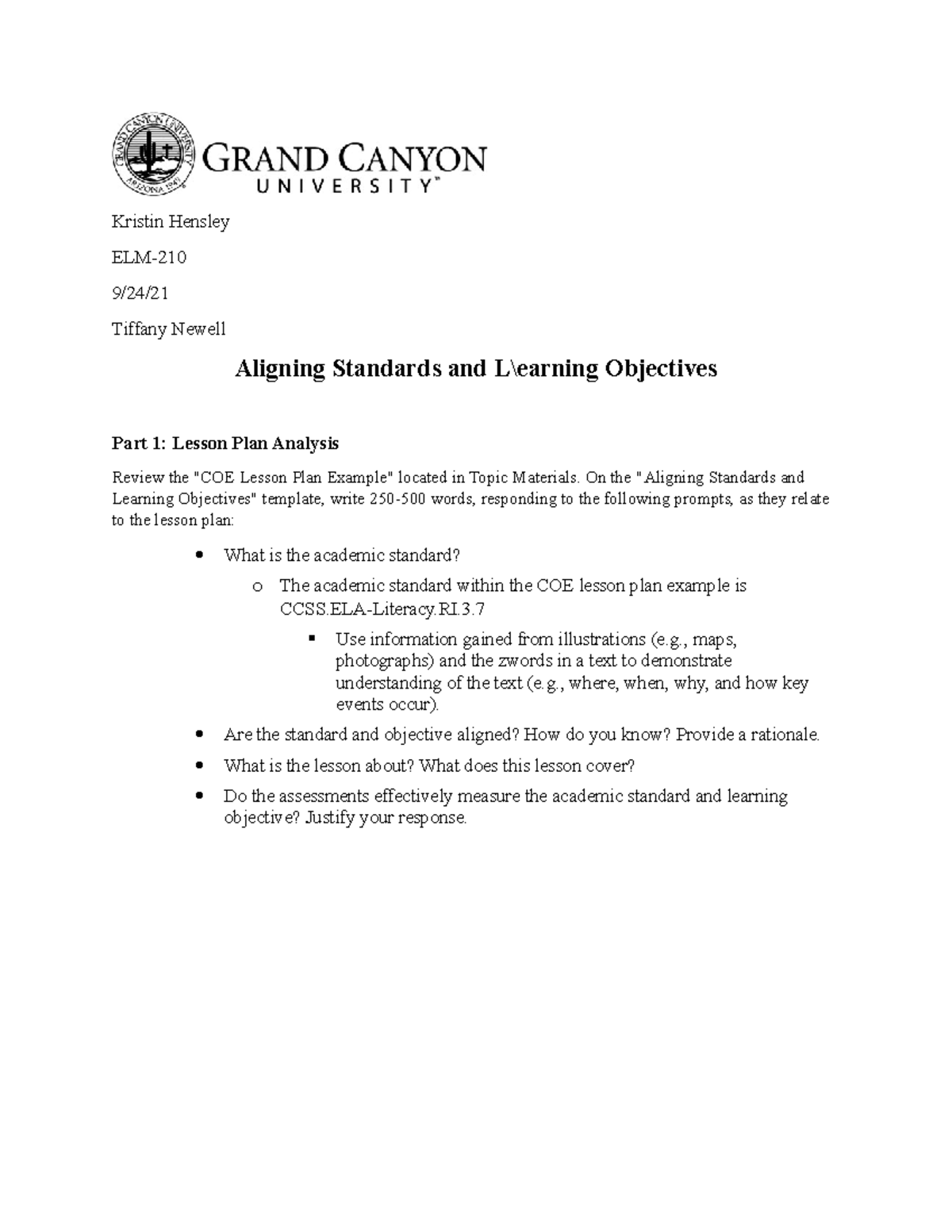 Aligning Standards and Learning Objectives T2 ELM210 - Kristin Hensley ...
