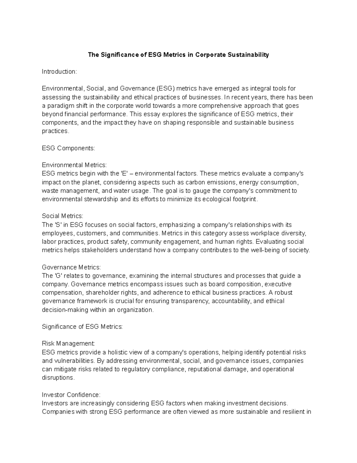 ESG Essay - The Significance of ESG Metrics in Corporate Sustainability ...