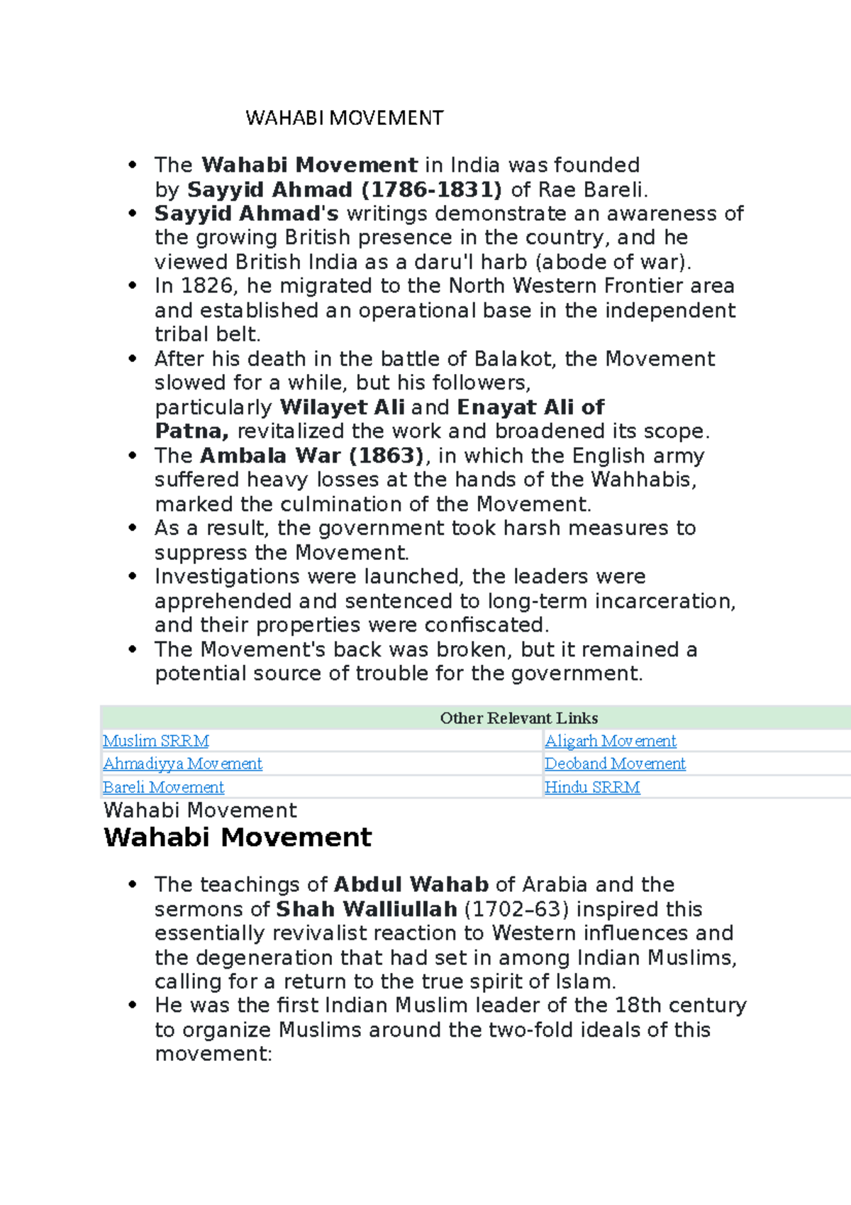 Wahabi Movement - NOTE - WAHABI MOVEMENT The Wahabi Movement in India ...